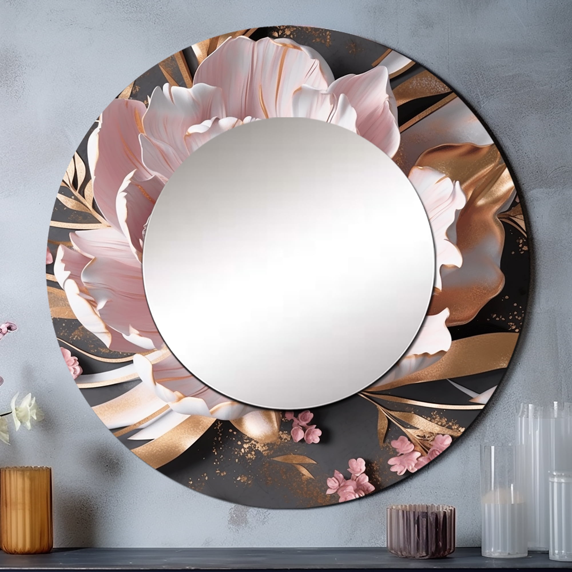 Designart "Pink Peony Adorned With A Golden Touch" Poppies Round Mirror ...