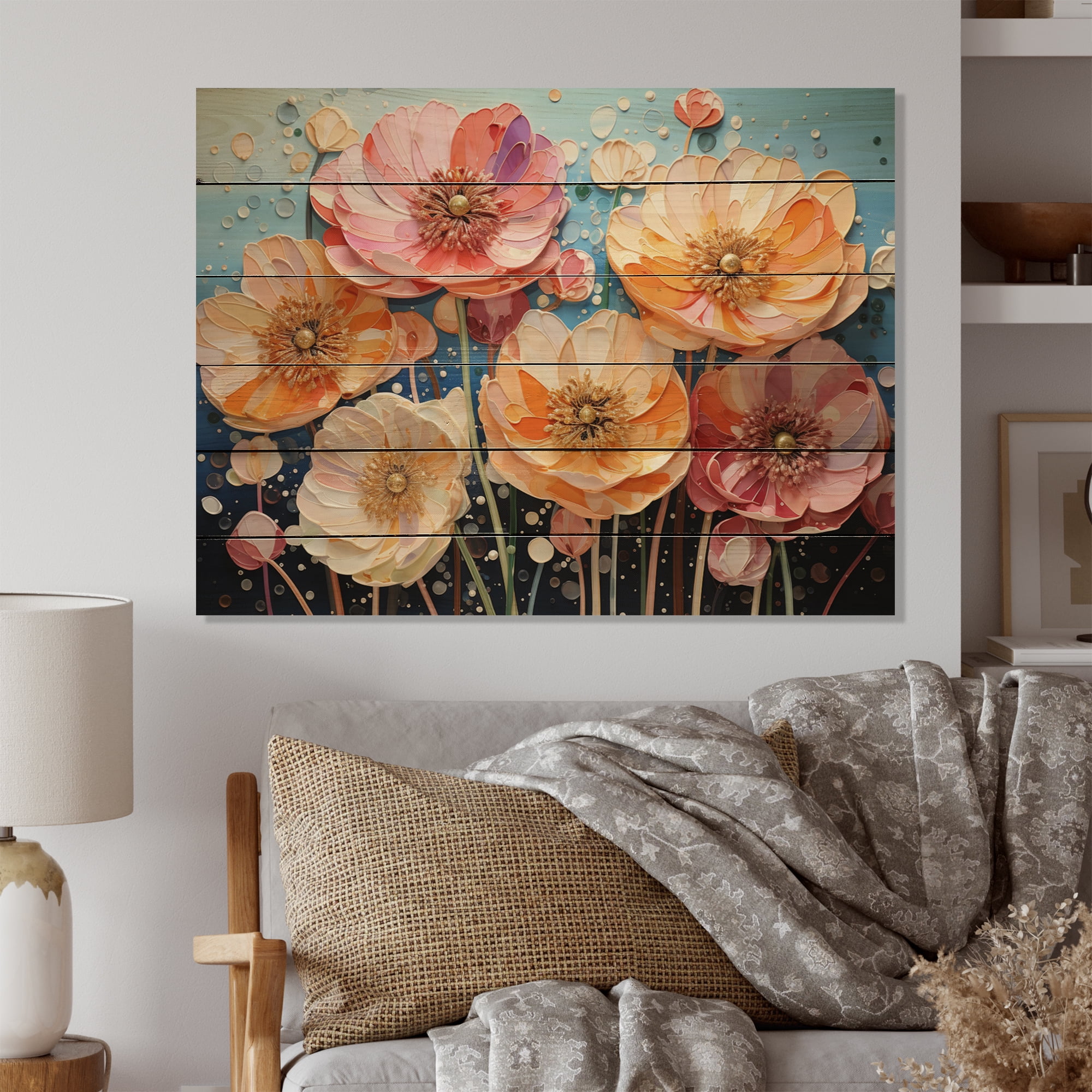 Designart "Pink Ranunculus landscape Pointillism Dot I" Floral Print on ...