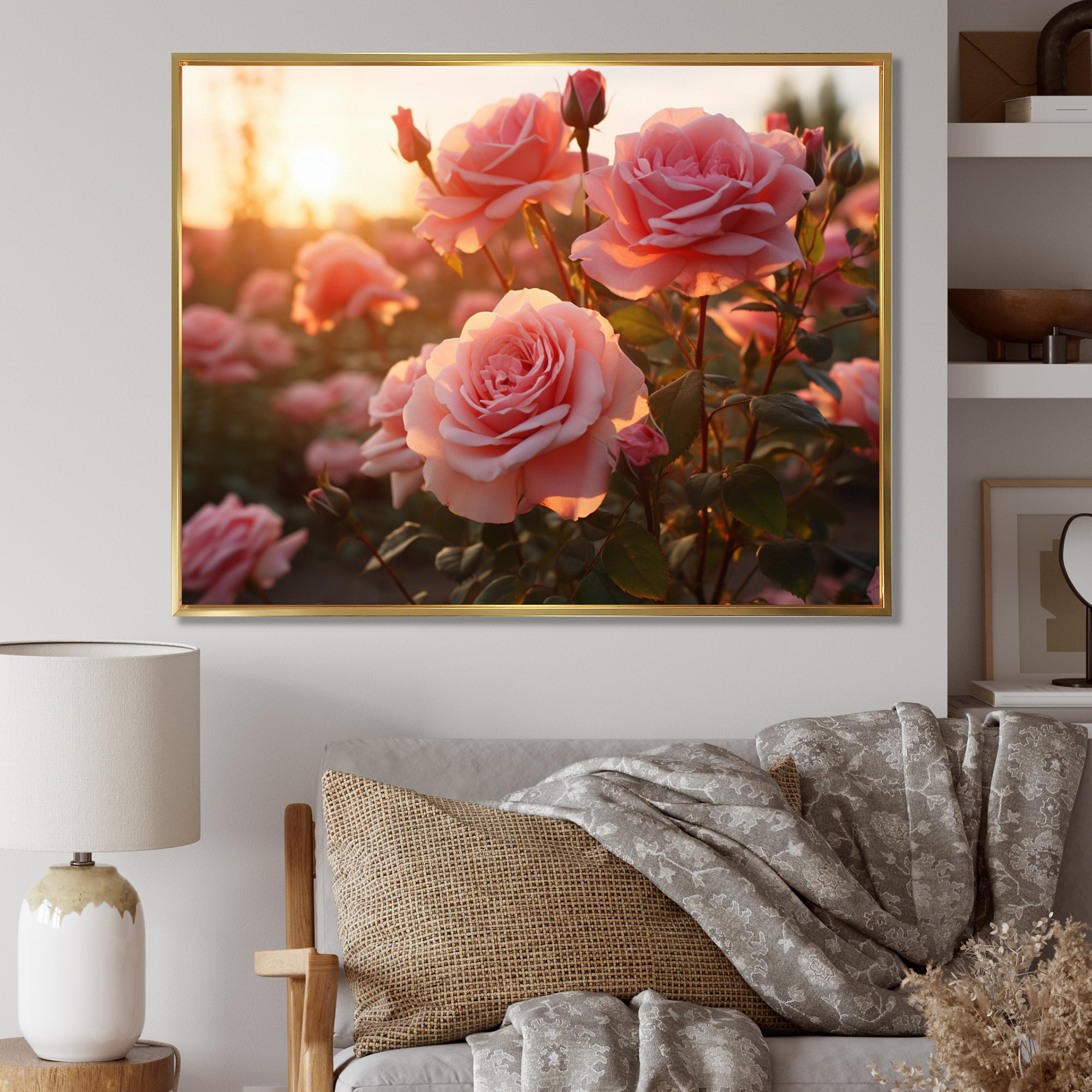 Designart "Pink Roses landscape With Sunset" Floral Floater Framed Wall ...
