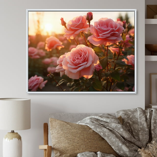 Designart "Pink Roses landscape With Sunset" Floral Floater Framed Wall ...