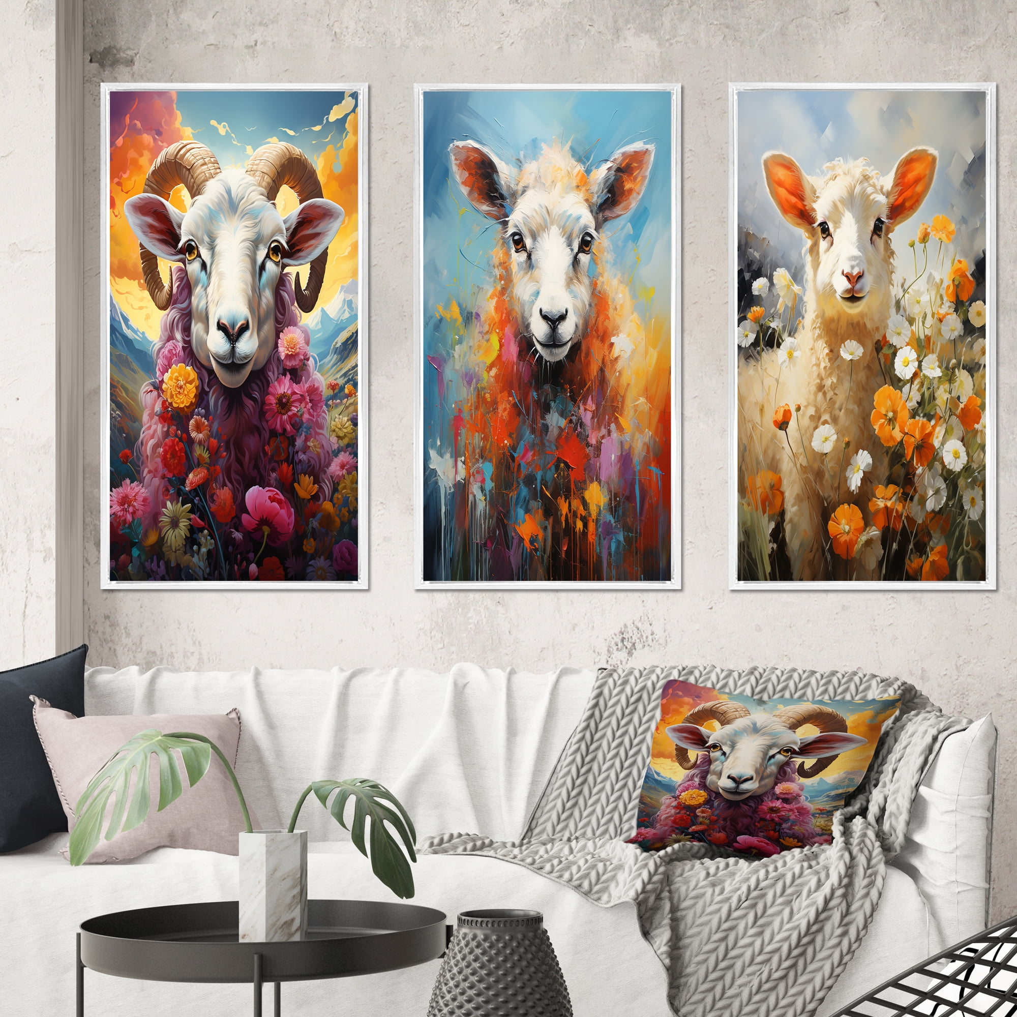 Designart "Pink Sheep captivate Ewes" Animals Framed Wall Art Set Of 3 ...