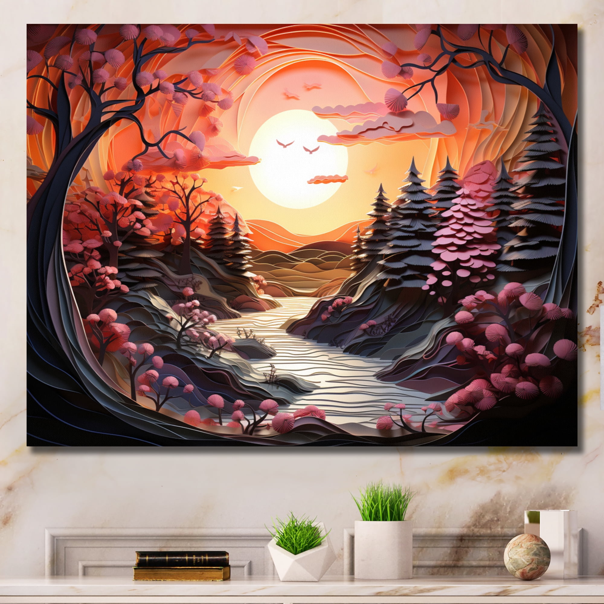 Designart "Pink Sunset Breeze Papercut" Landscape Sunset Wall Decor ...
