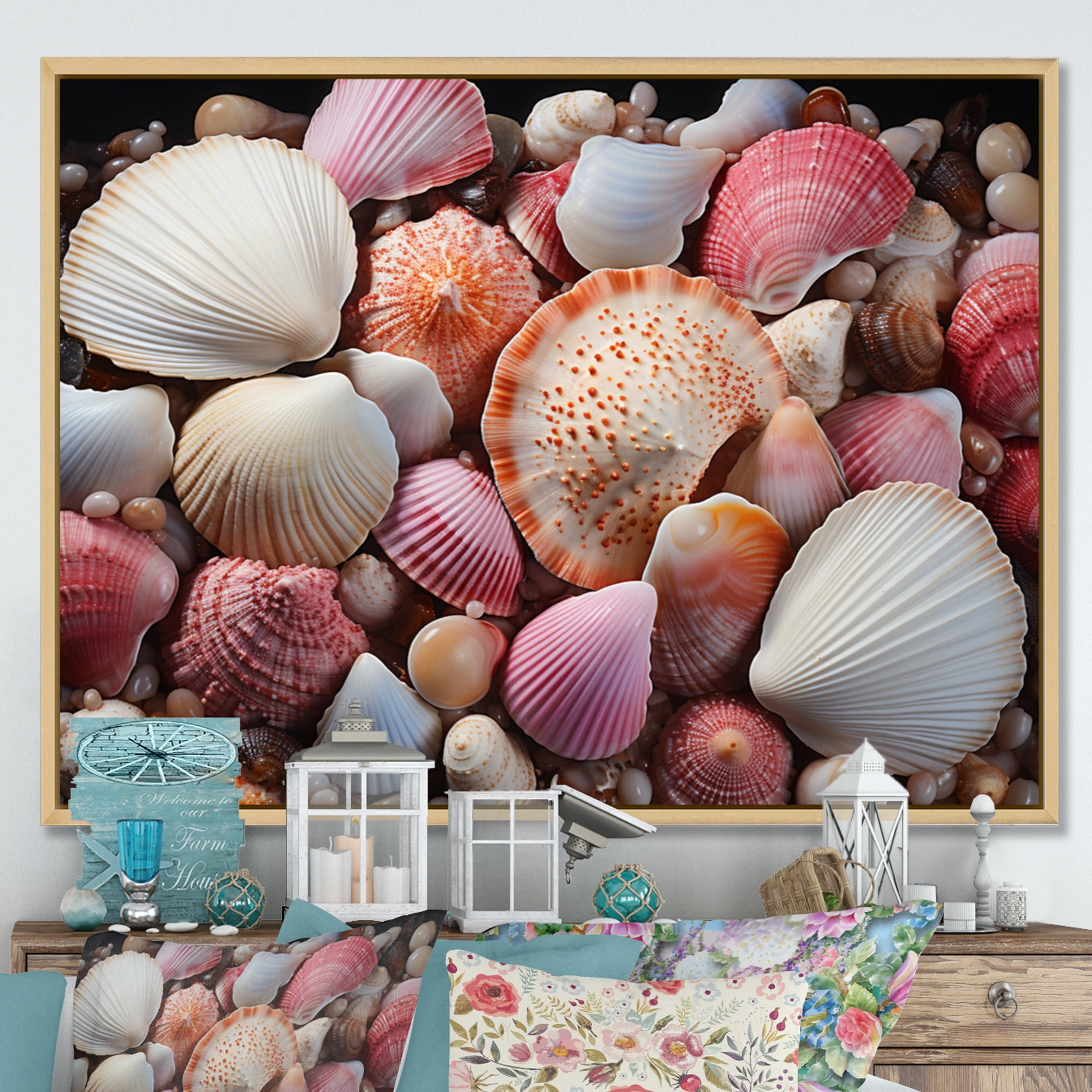 Designart "Pink White Shells Seashore composition I" Animals Floater ...