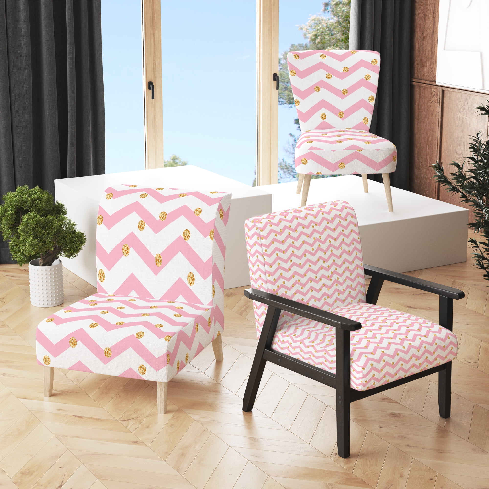 Designart "Pink Zigzag Chevron " Upholstered Patterned Accent Chair and ...