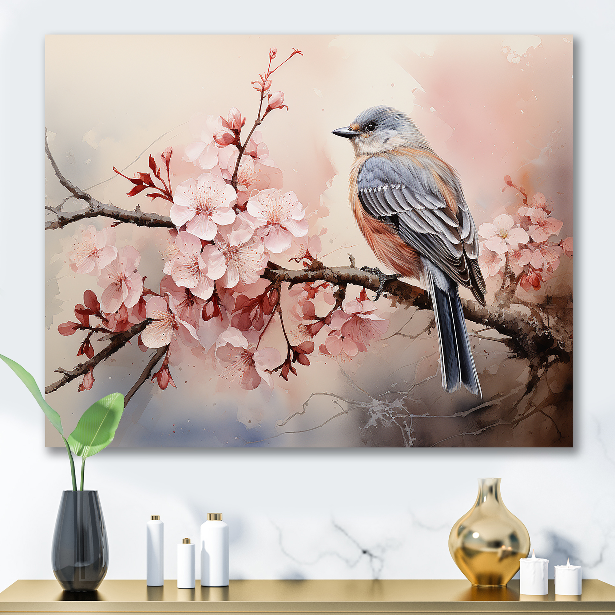 Designart "Pink and Blue Birds Perched on Cherry Blossom Tree II ...