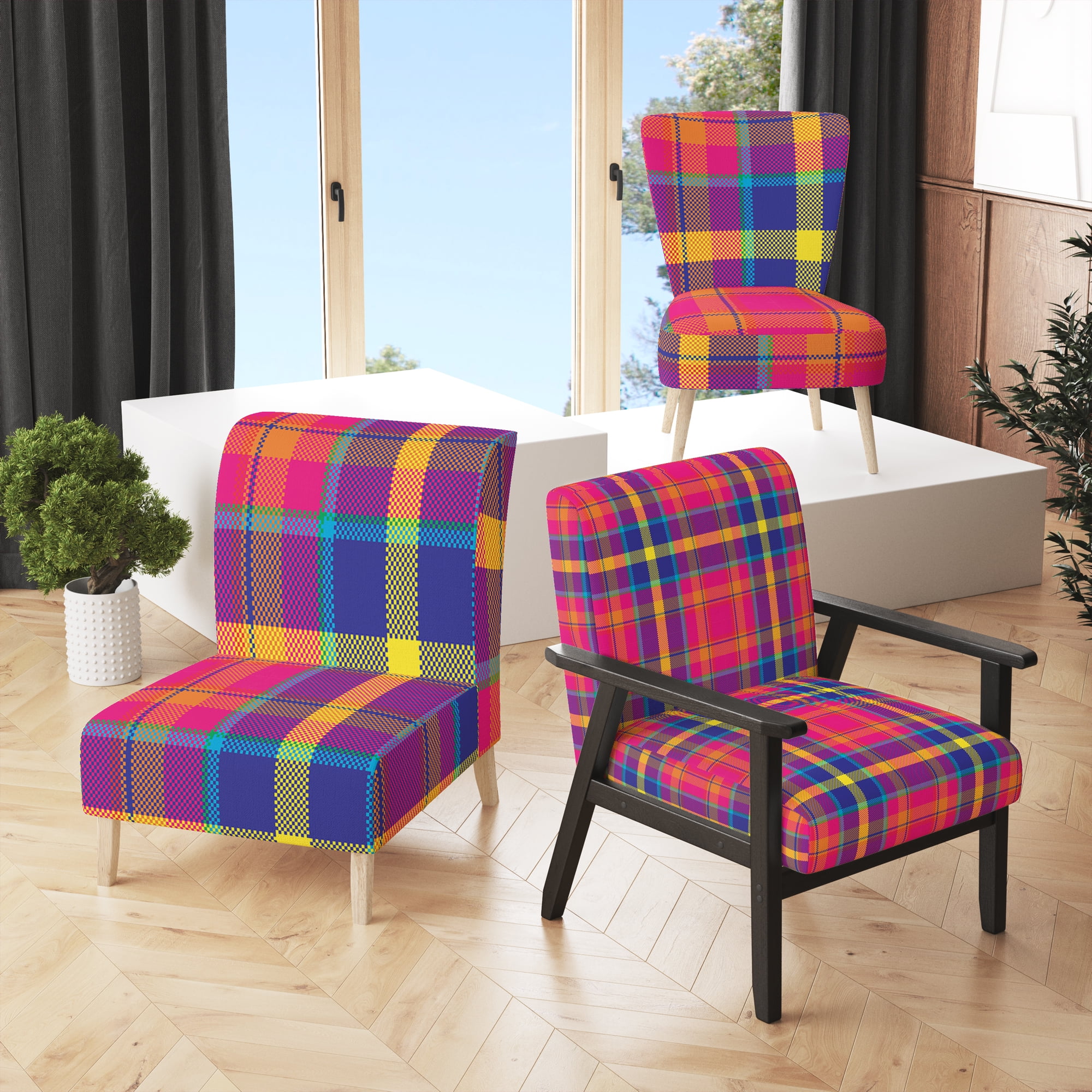 Designart "Pink and Blue Checked Tartan" Upholstered Patterned Accent ...