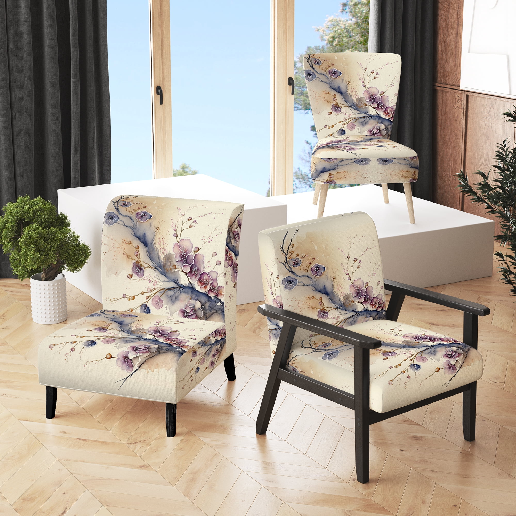 Designart "Pink and Plum Cherry Blossom Bough IV" Beige Cherry Blossom ...