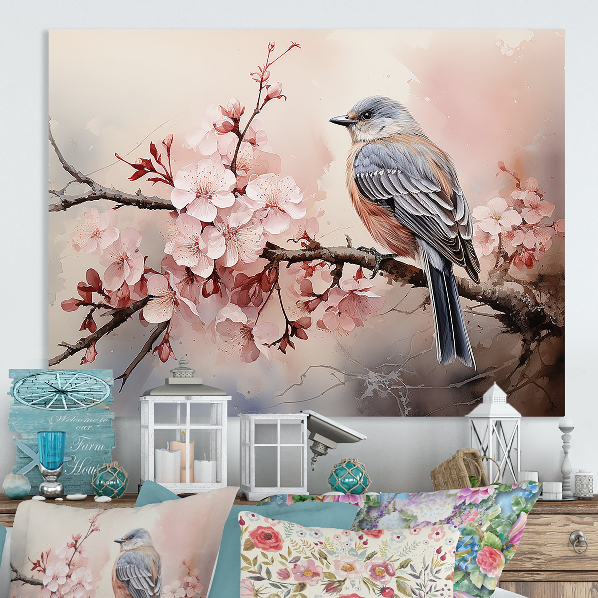 Designart "Pink and blue birds on cherry blossom tree II In Pink and ...