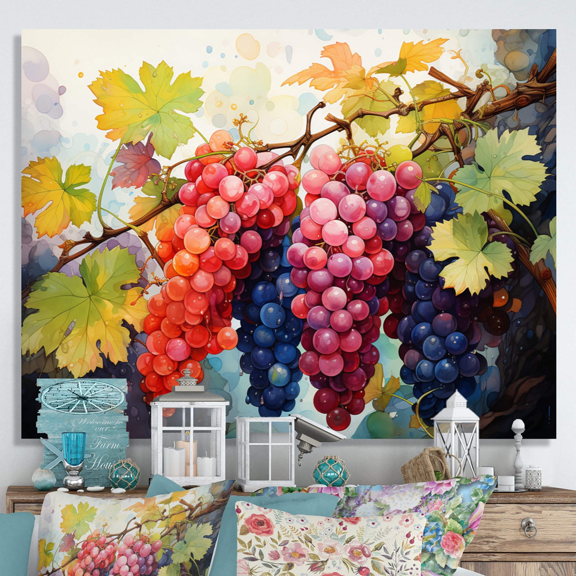 Designart "Pink violet Food Grapes Vineyards Pointillism" Vineyard Wall ...