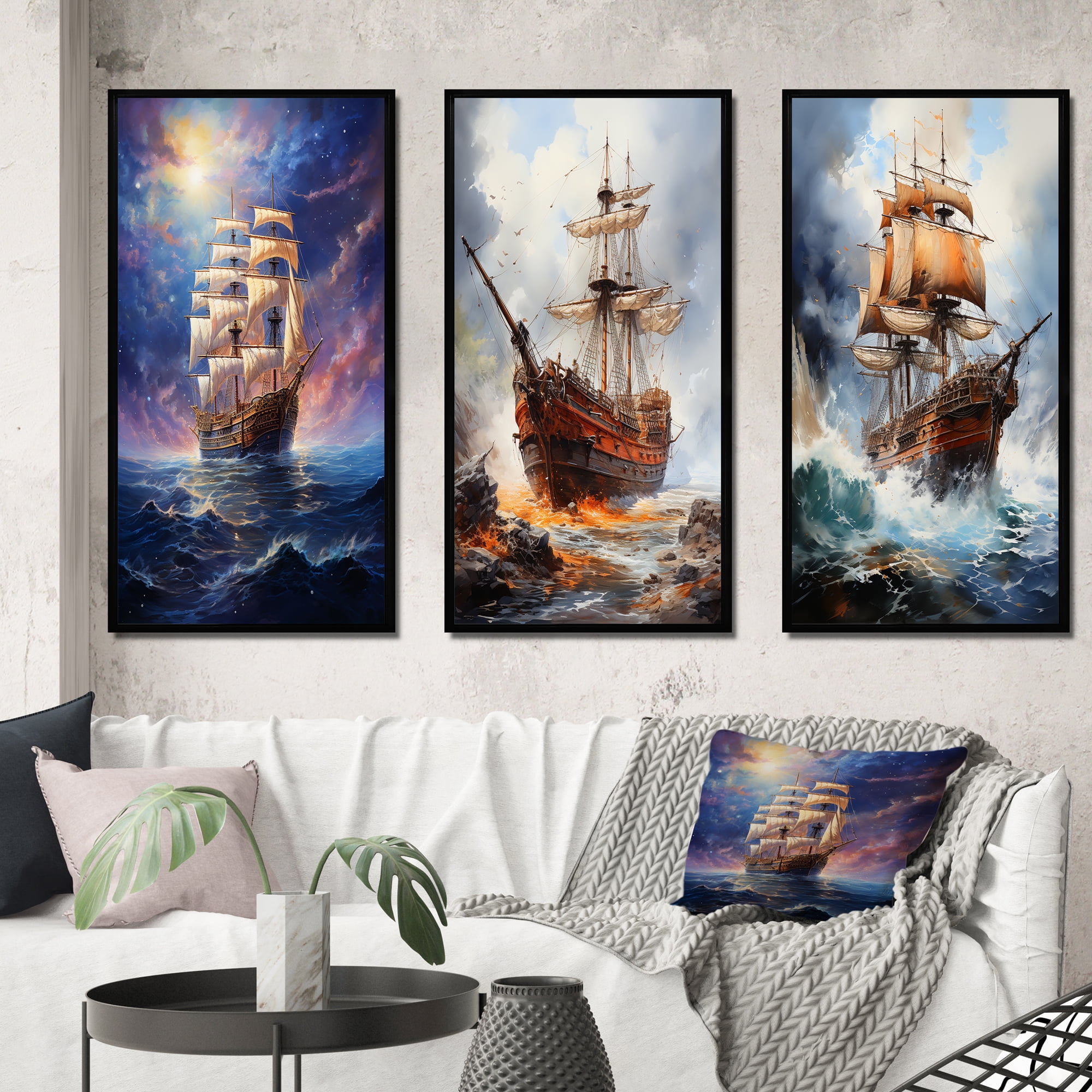 Designart "Pirate Oceans Beauty " Pirate Framed Wall Art Set Of 3 ...