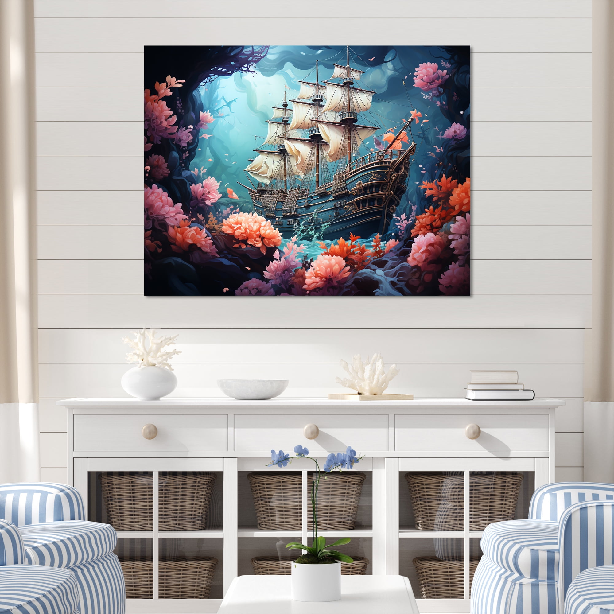 Designart "Pirate Ship As An Underwater Memory" Coastal Coral Under ...