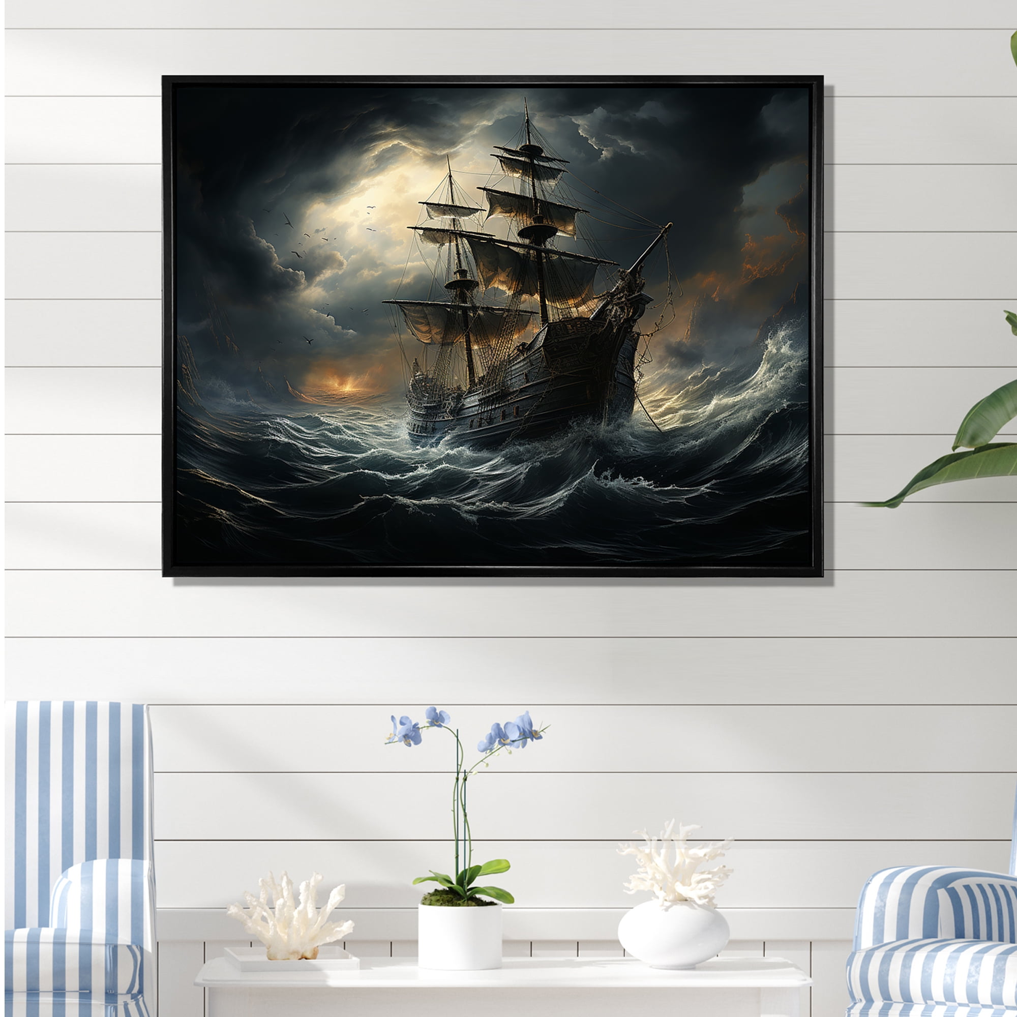 Designart "Pirate Ship Braving Stormy Seas" Pirate Floater Framed Wall ...