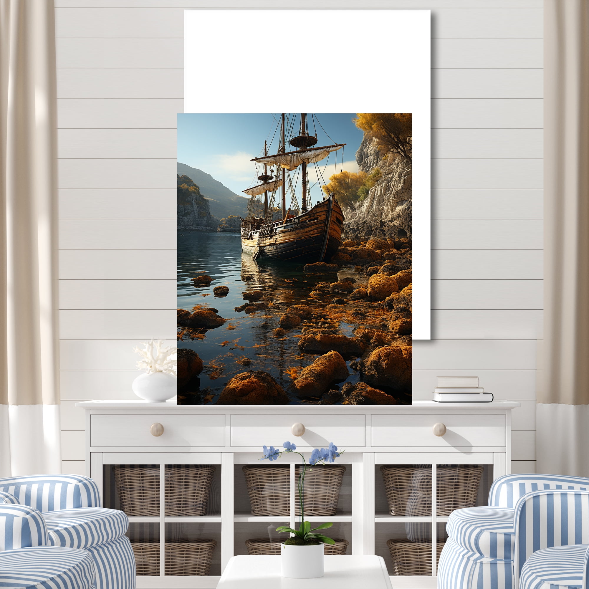 Designart "Pirate Ship Concealed In A Tropical Harbor I" Pirate Canvas ...