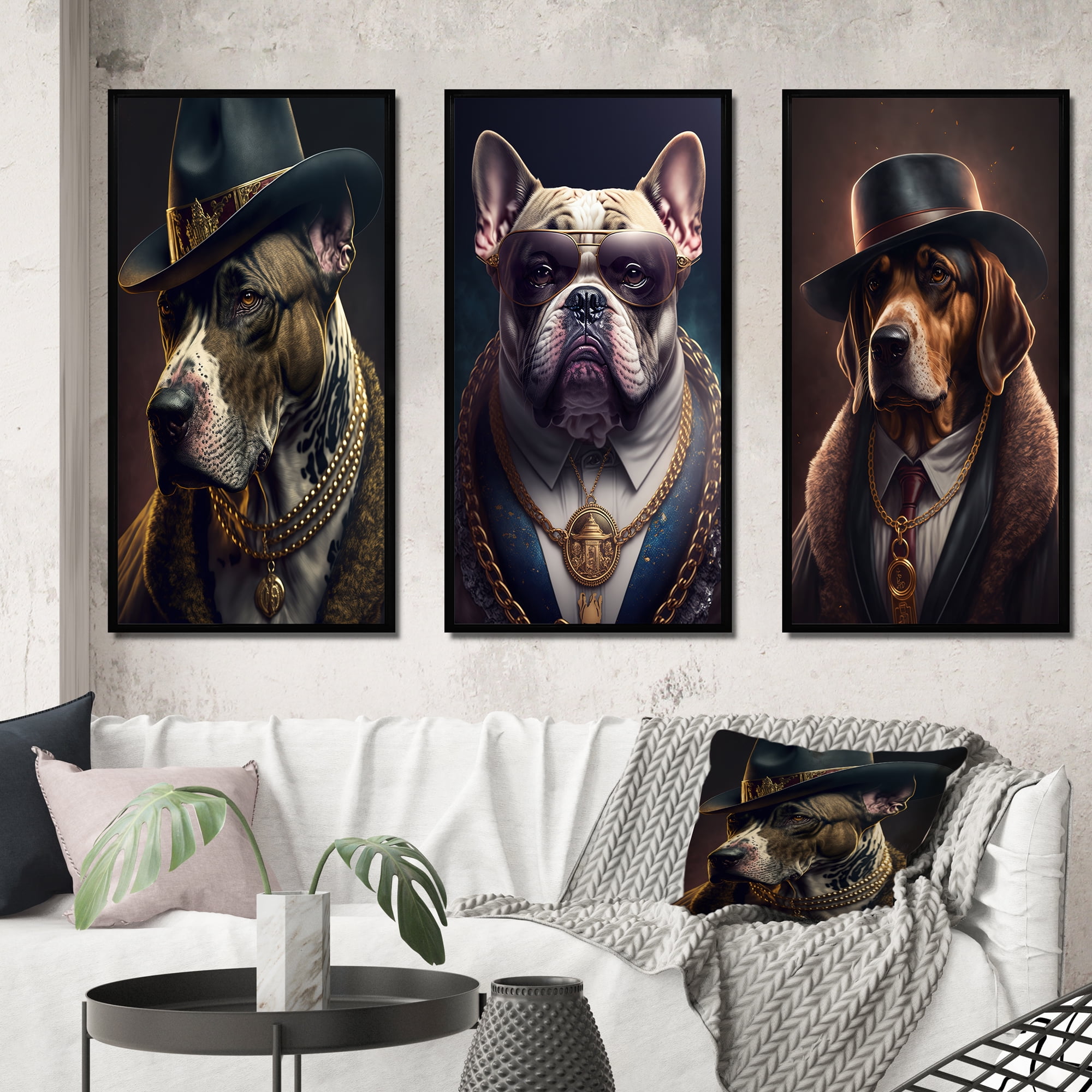 Designart "Pitbull in the Mafia II" Animals Framed Wall Art Set Of 3 ...