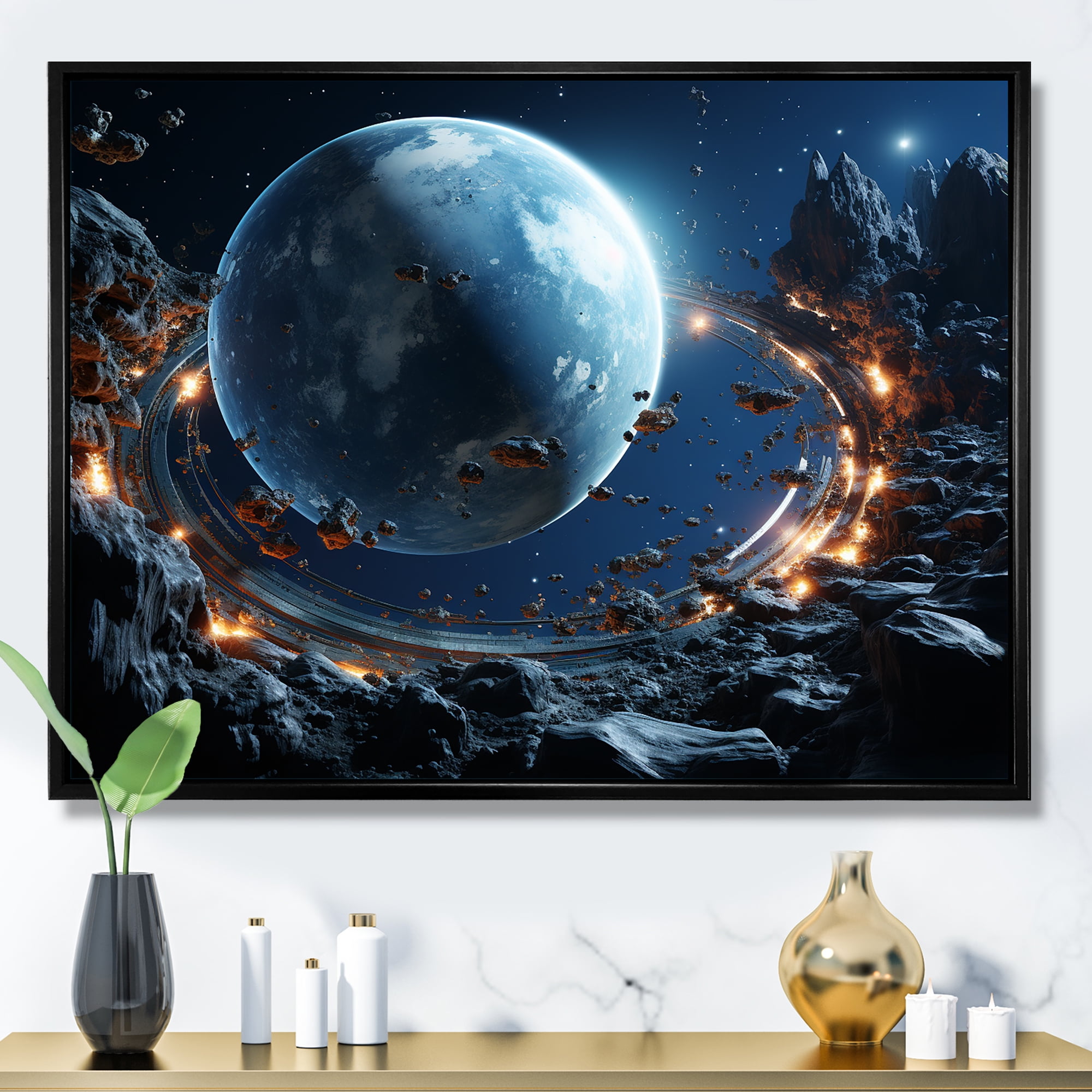 Designart "Planetary Distortion in Blue Tones" Astronomy & Space Framed ...