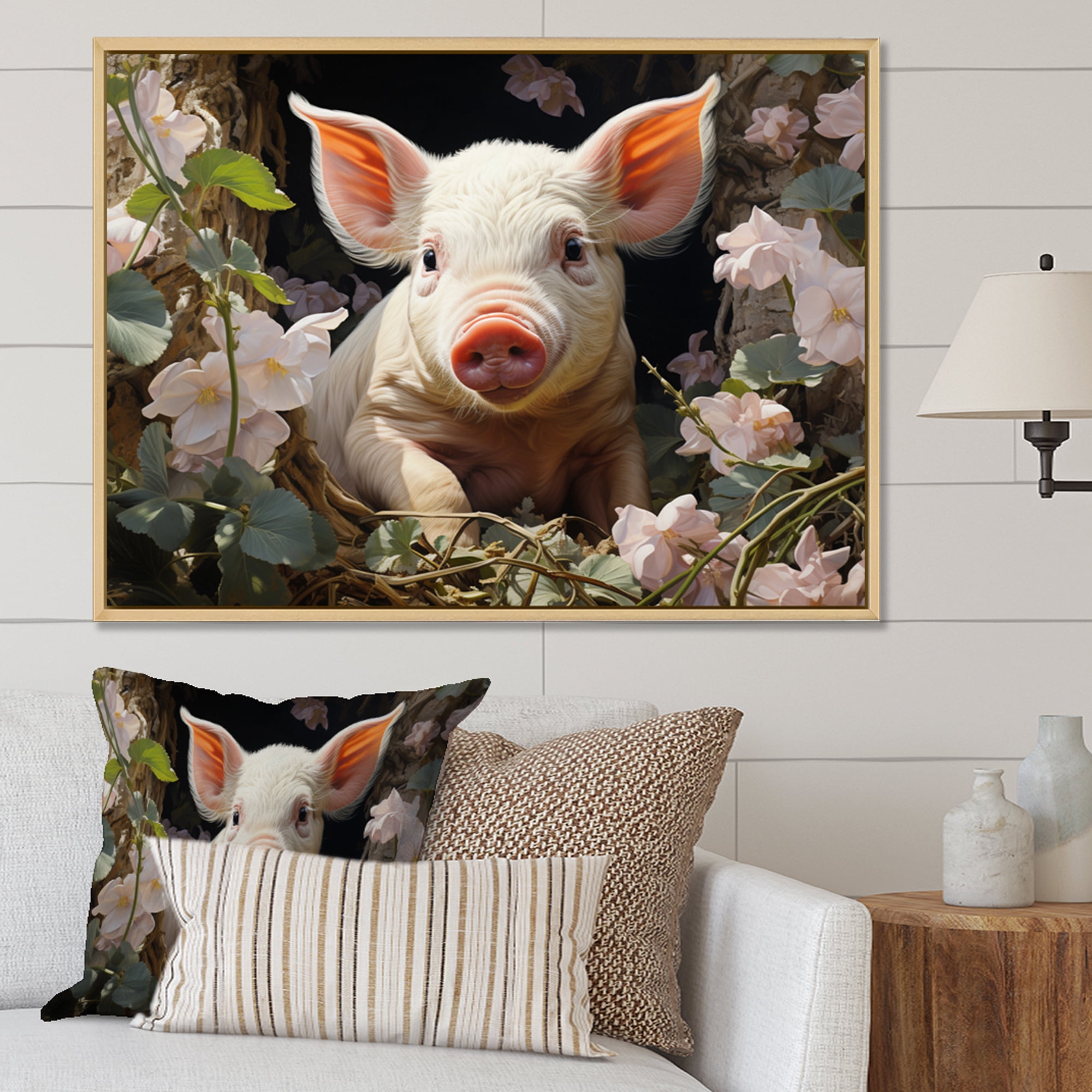 Designart "Playful Pig Cute Pig in the Flower Field II" Animals Floater ...