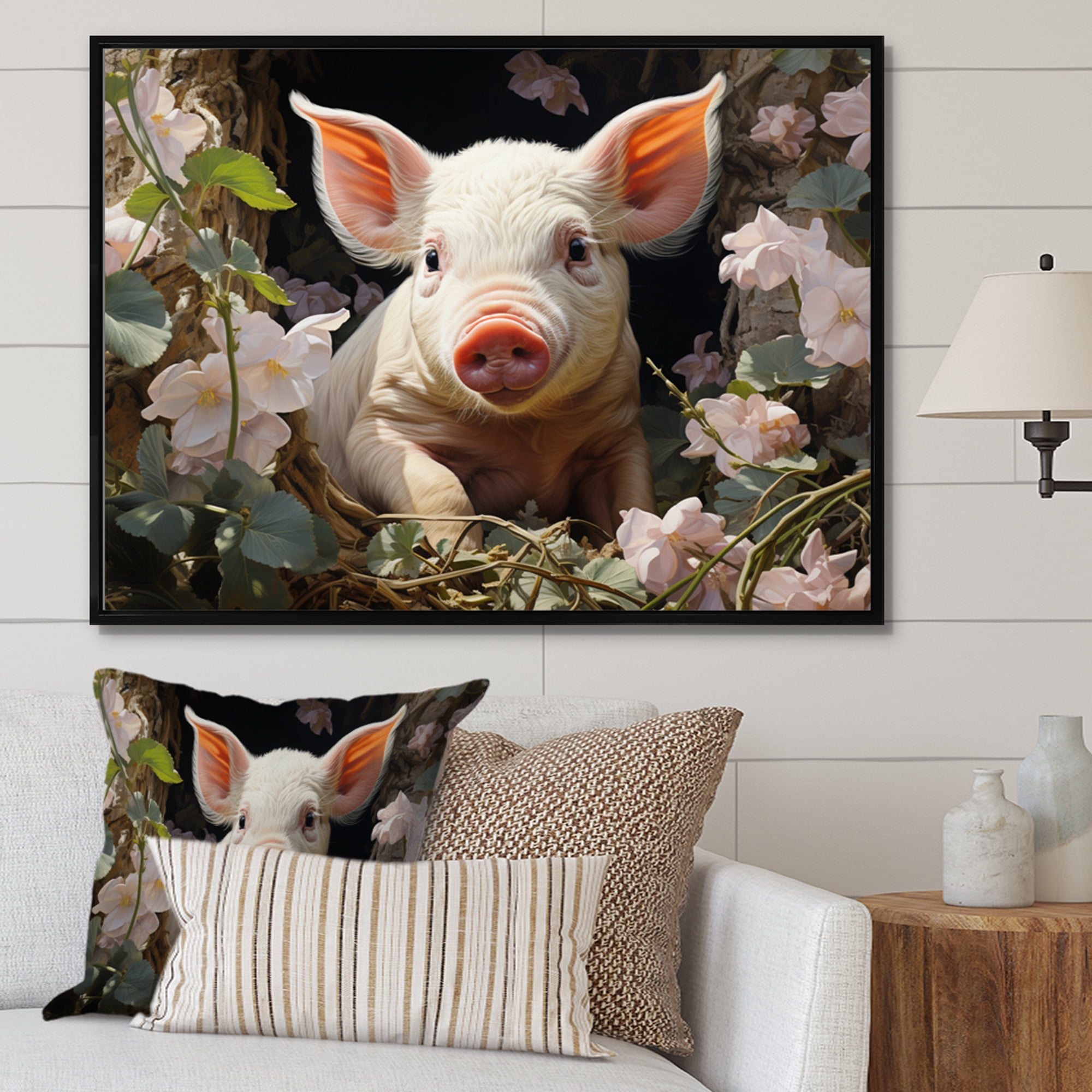 Designart "Playful Pig Cute Pig in the Flower Field II" Animals Floater ...