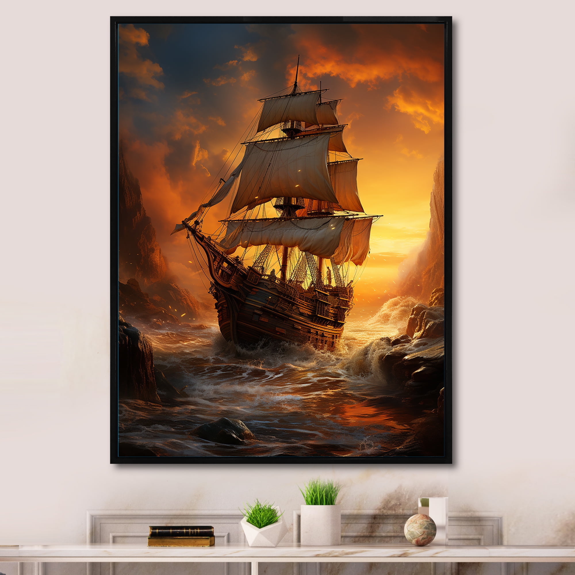 Designart "Plunderer s Legacy Pirate Ship" Pirate Floater Framed Wall ...