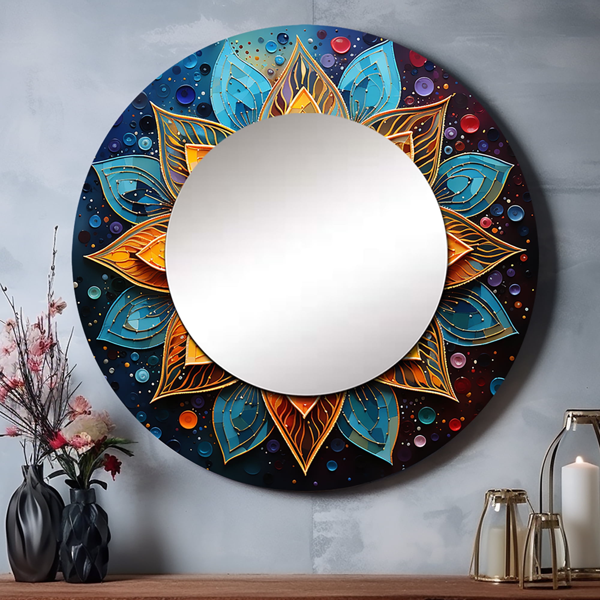 Designart "Pointillism Mandala Gold and Teal Yoga" Pointillism Round ...