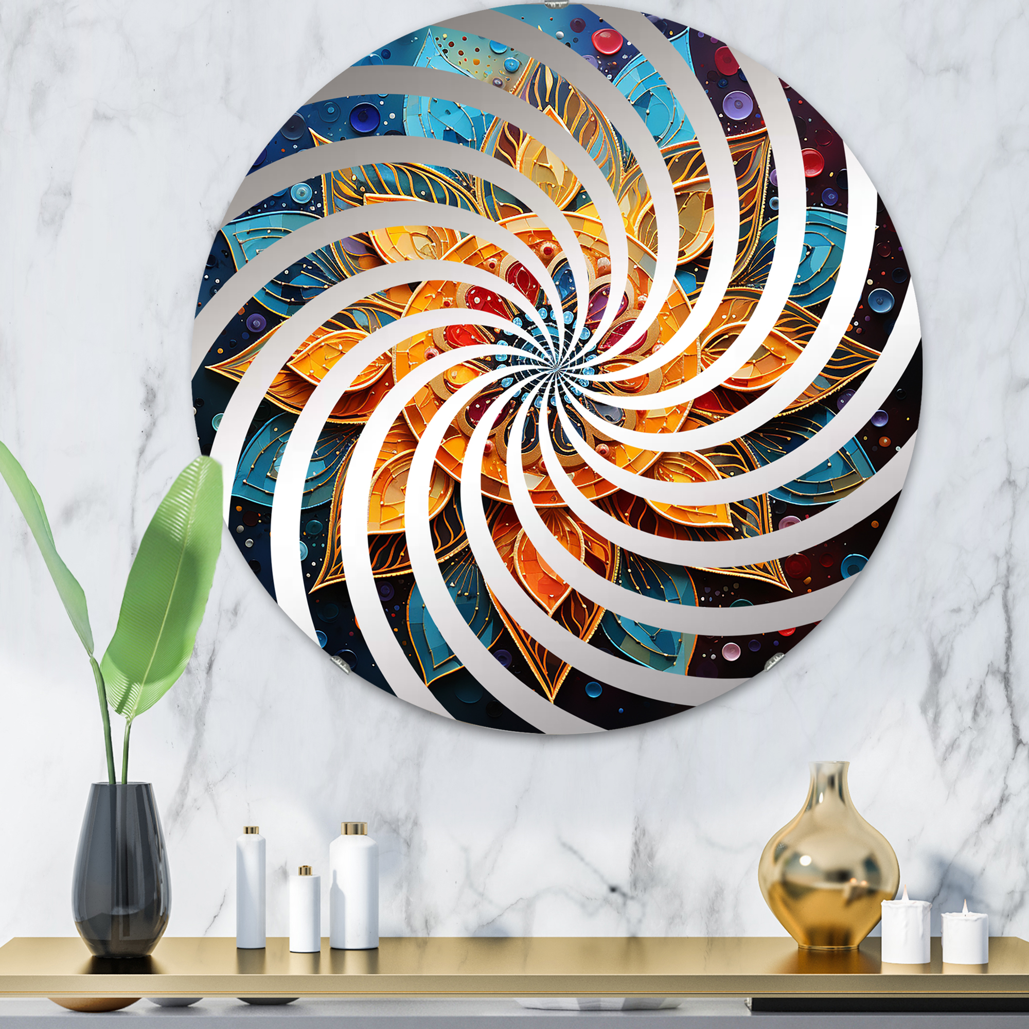 Designart "Pointillism Mandala Gold and Teal Yoga" Pointillism Vortex Round Wall Mirror ...