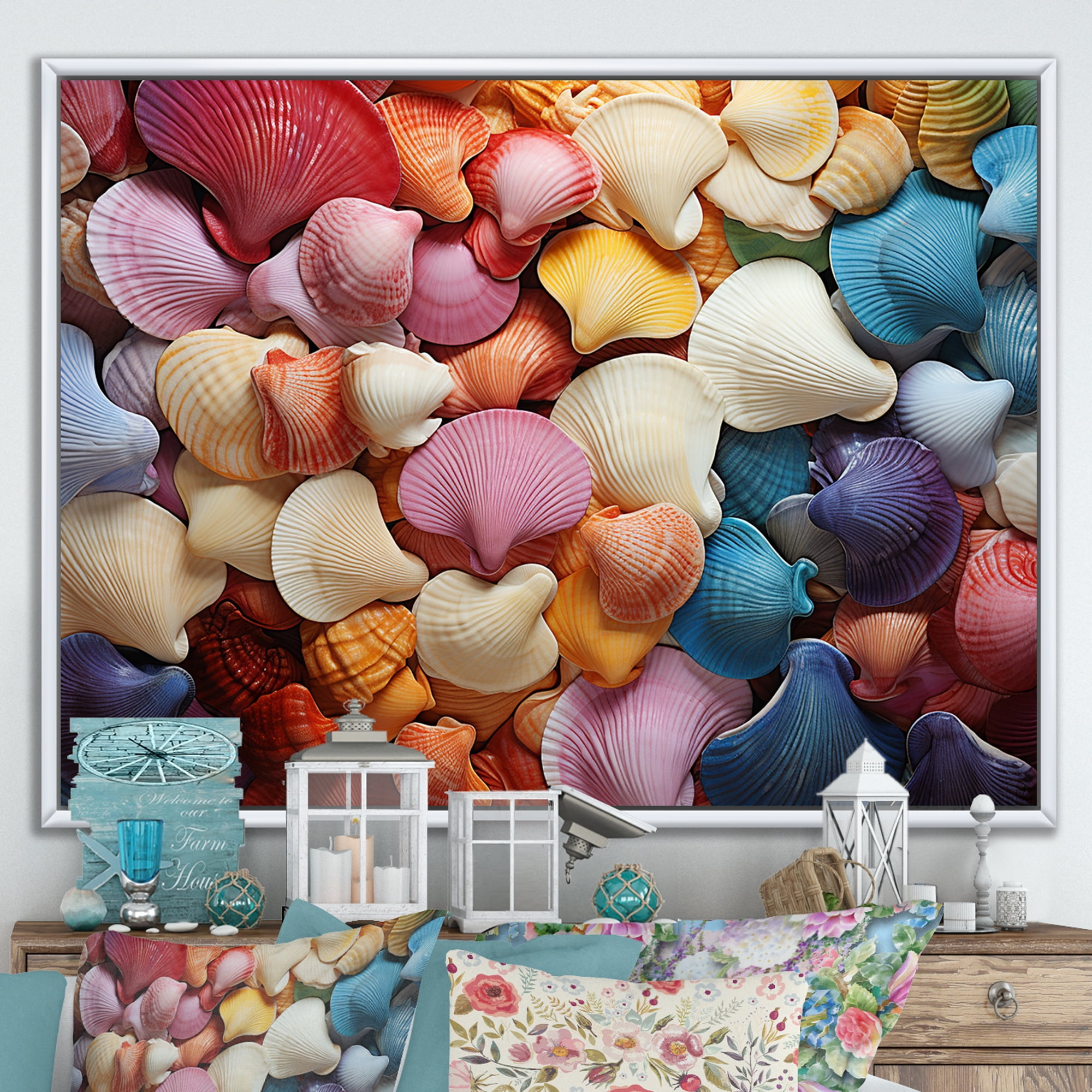 Designart "Pointillist Seashells in Color I" Animals Floater Framed ...