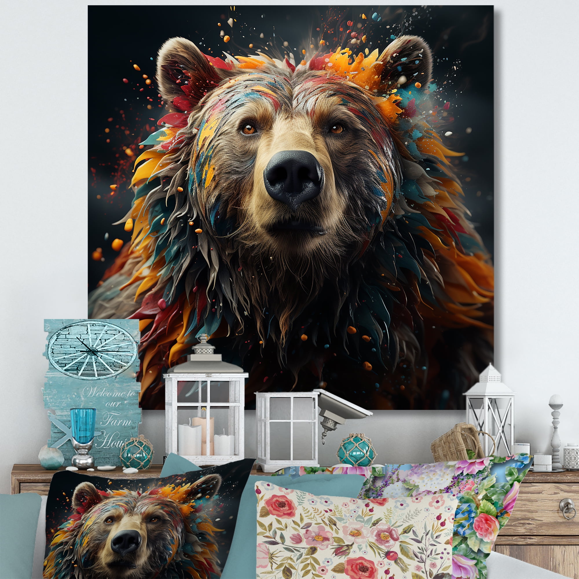 Designart "Polychromatic Grizzly Bear Charm" Animals Bear Canvas Prints ...