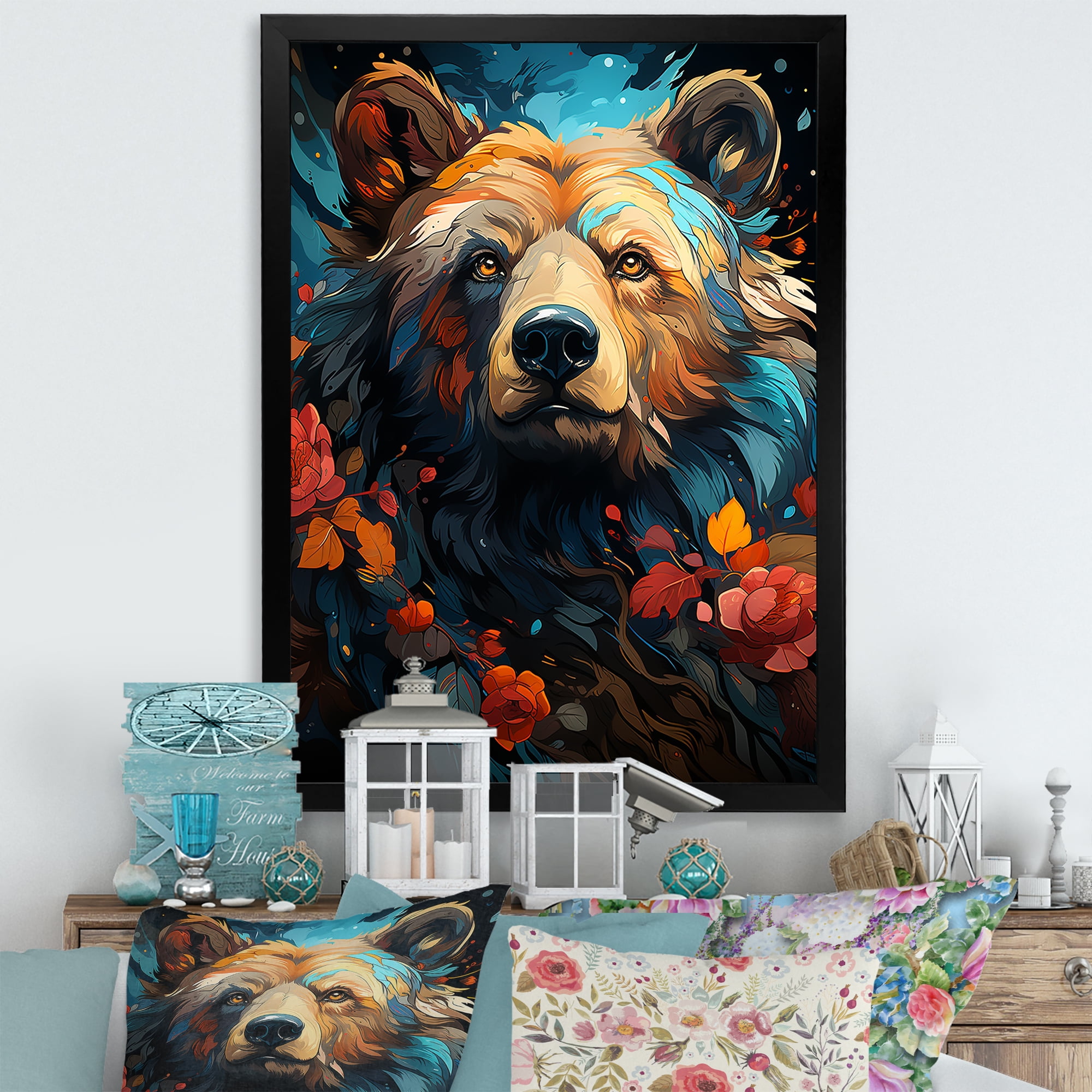Designart "Pop Art Grizzly Bear Fame" Animals Bear Picture Framed Wall ...