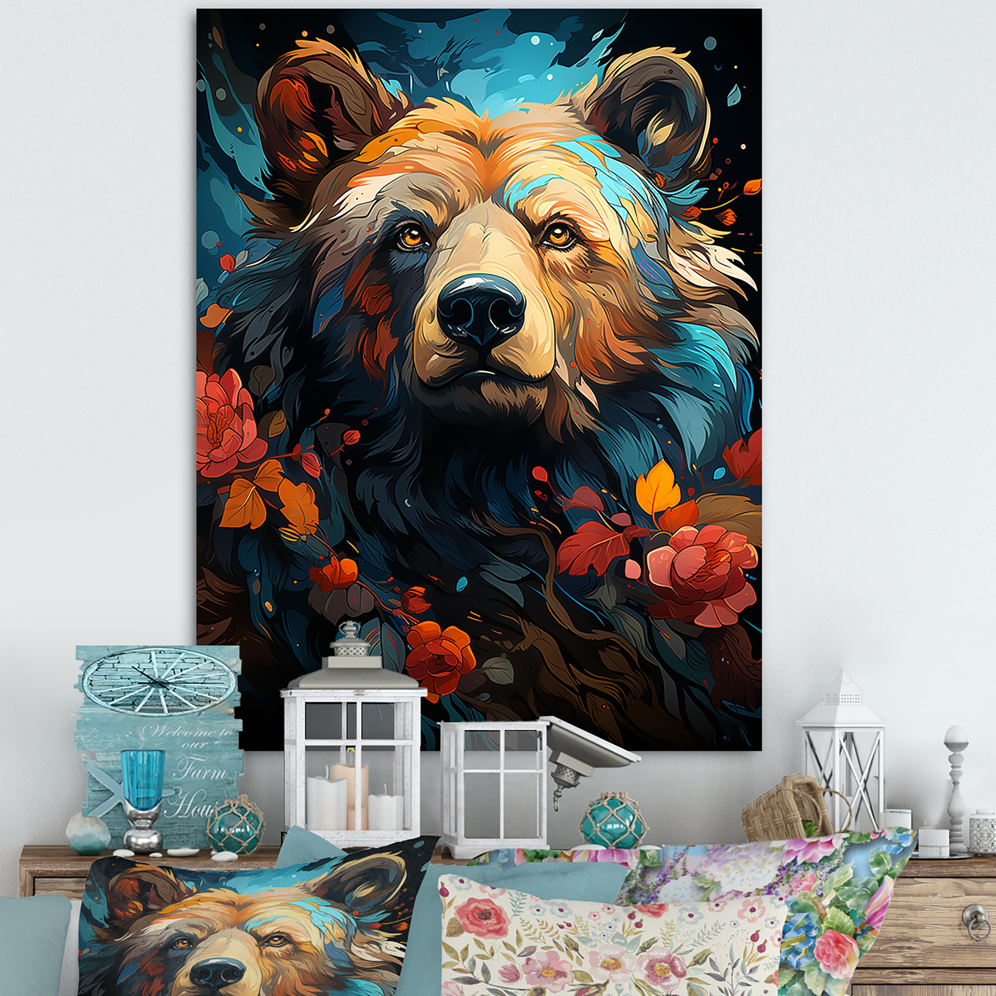Designart "Pop Art Grizzly Bear Fame" Animals Bear Wall Art Living Room ...