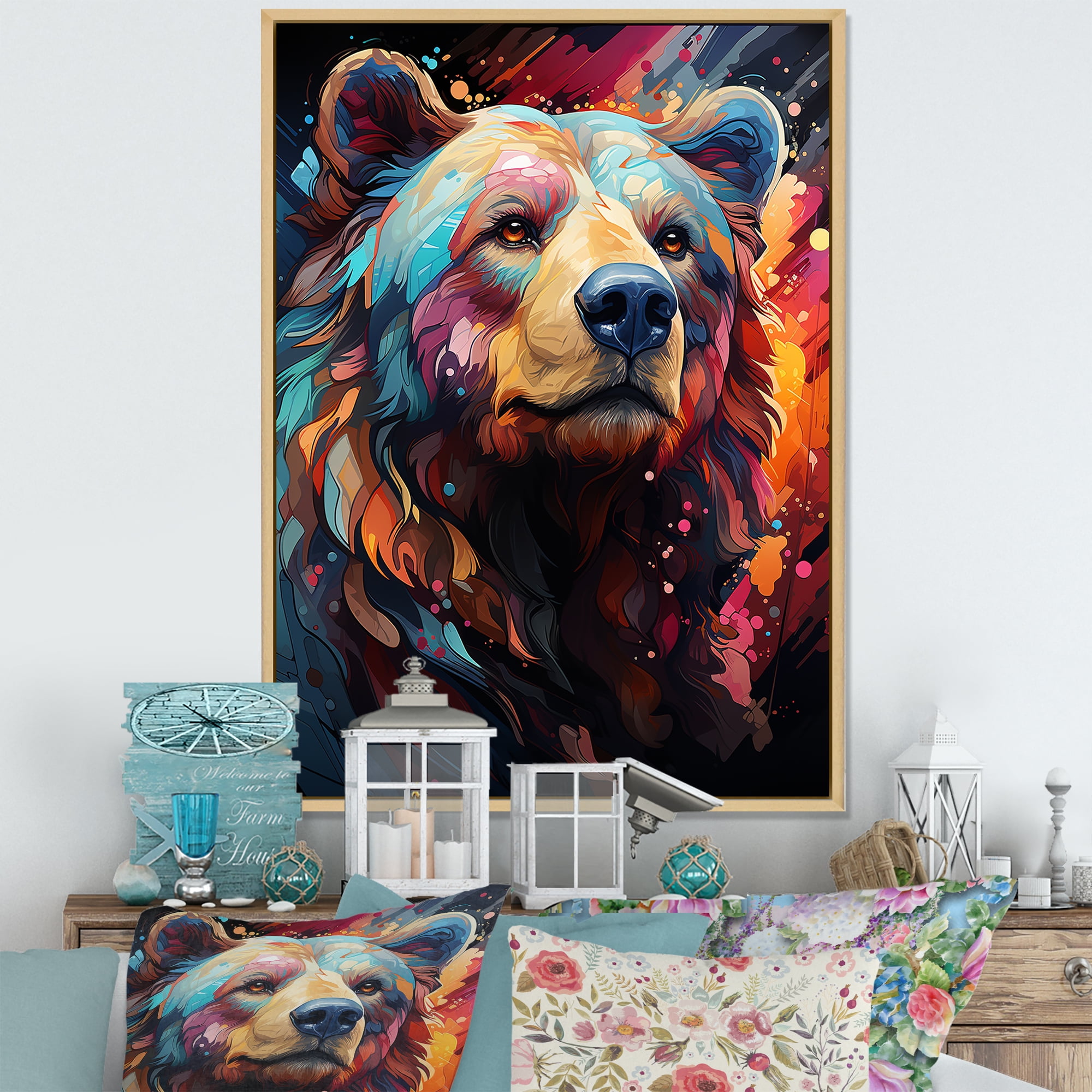 Designart "Pop Art Grizzly Bear Fame I" Animals Bear Floater Framed ...