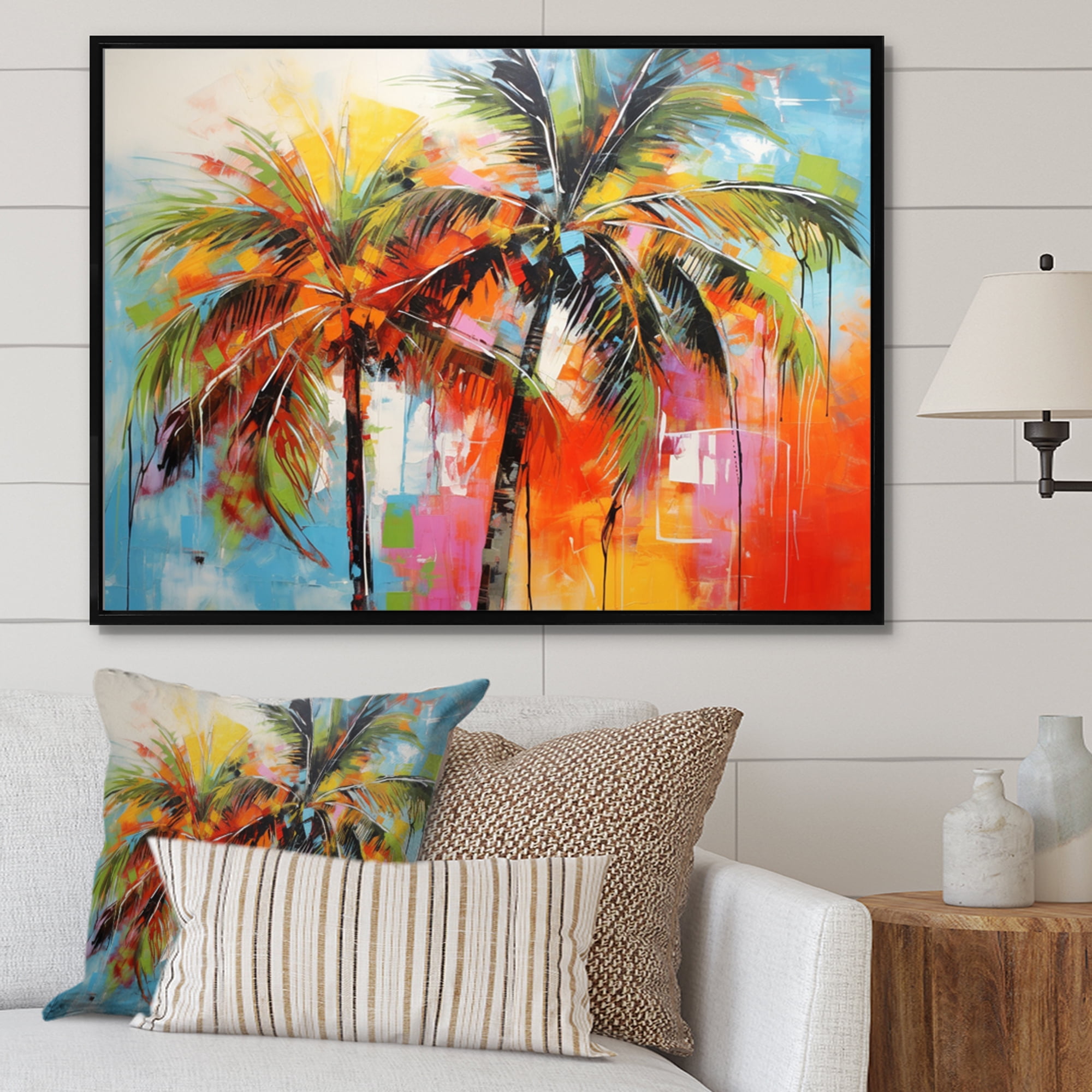 Designart "Pop Art Palm Trees I" Palm Trees Floater Framed Canvas Print ...