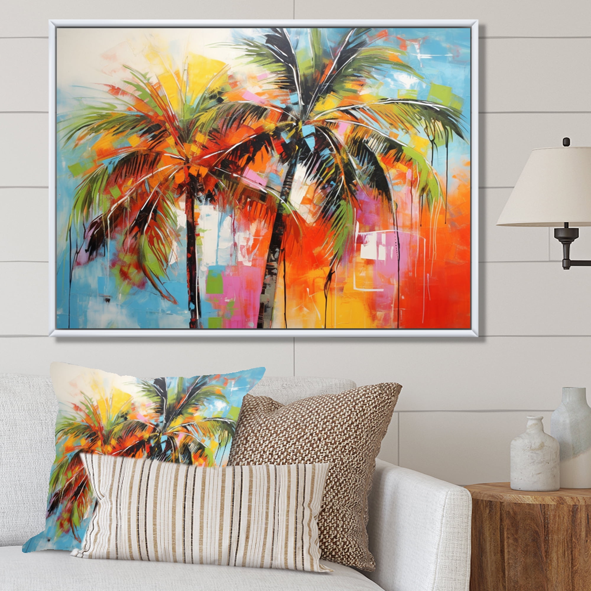 Designart "Pop Art Palm Trees I" Palm Trees Floater Framed Canvas Print ...