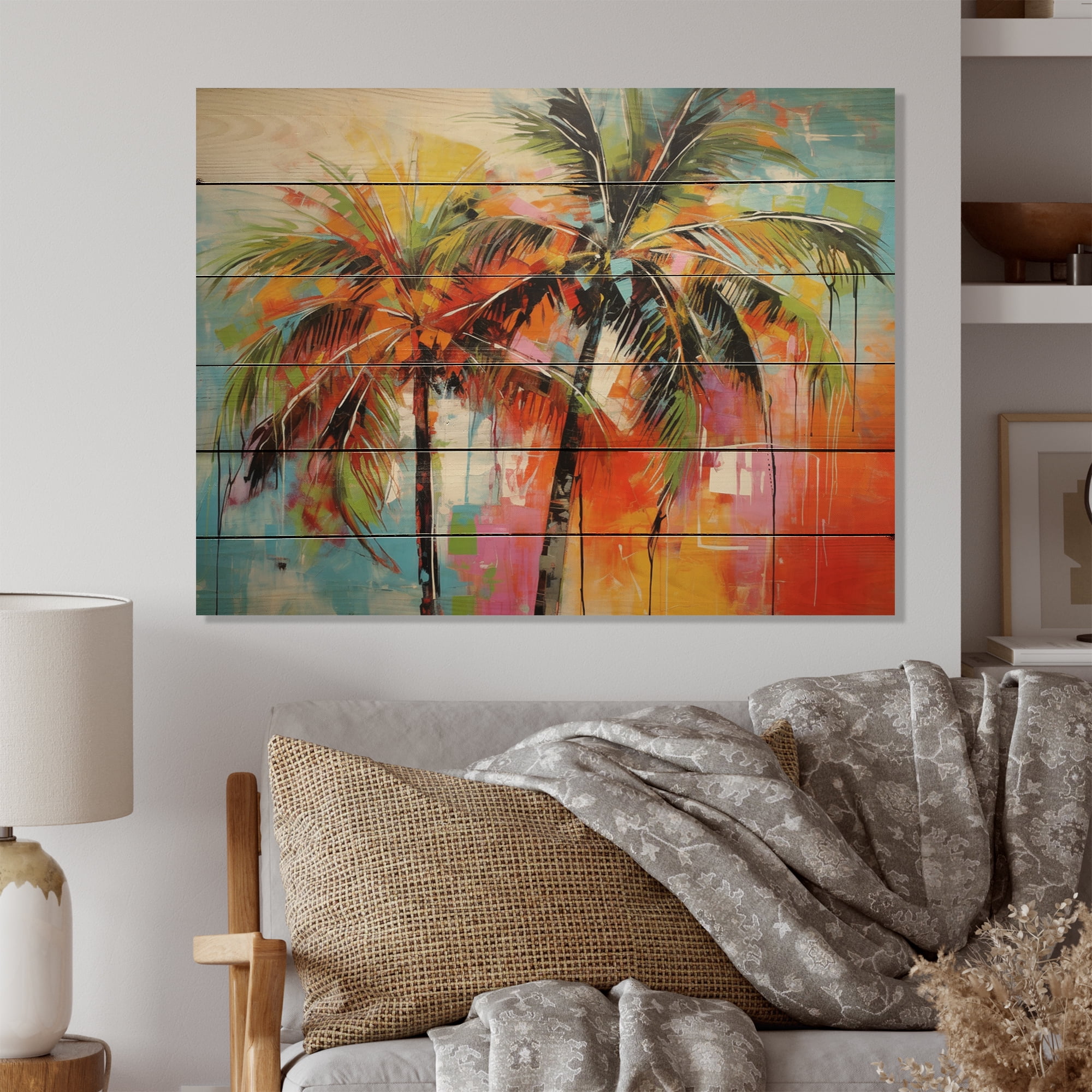 Designart "Pop Art Palm Trees I" Palm Trees Print on Natural Pine Wood ...