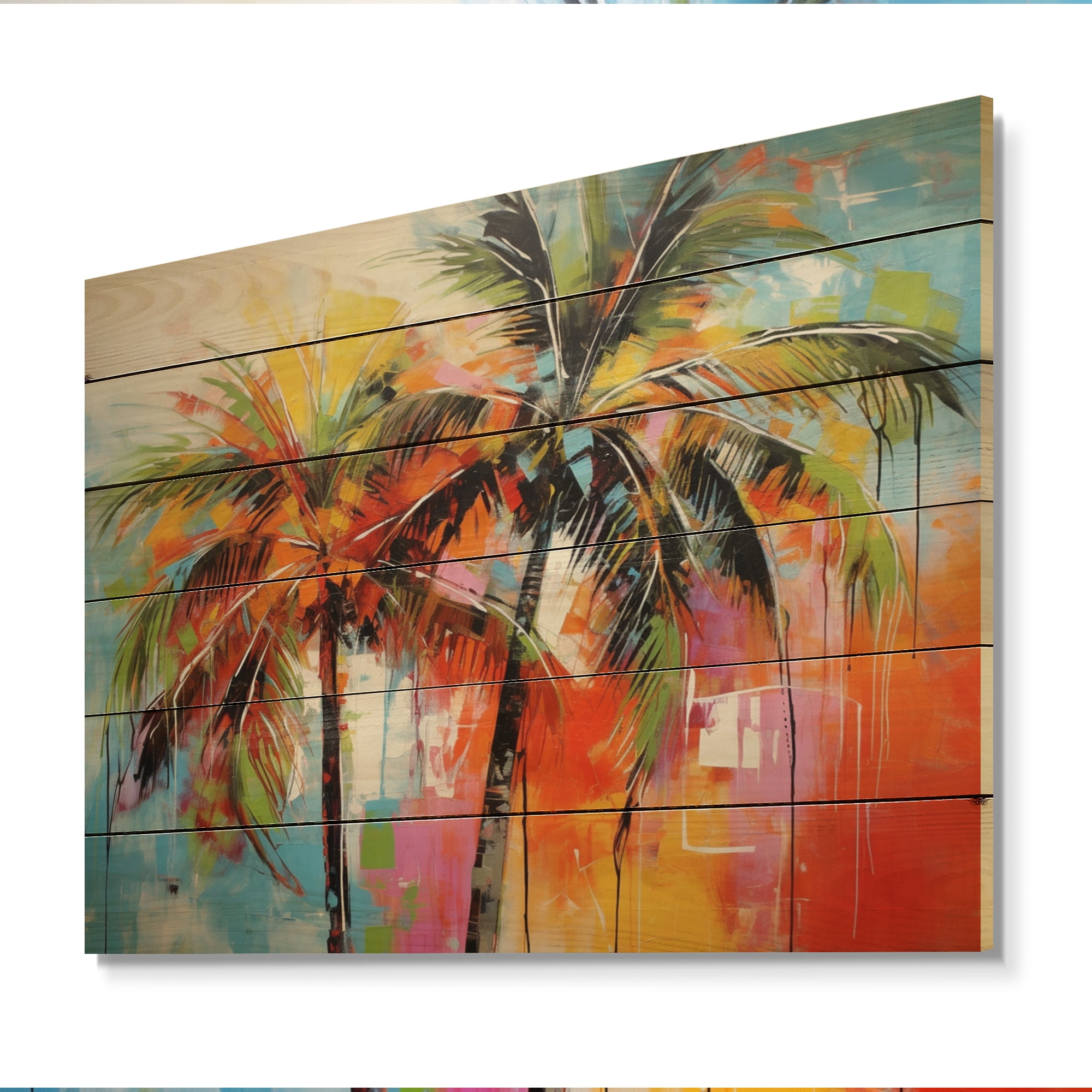 Designart "Pop Art Palm Trees I" Palm Trees Print on Natural Pine Wood ...