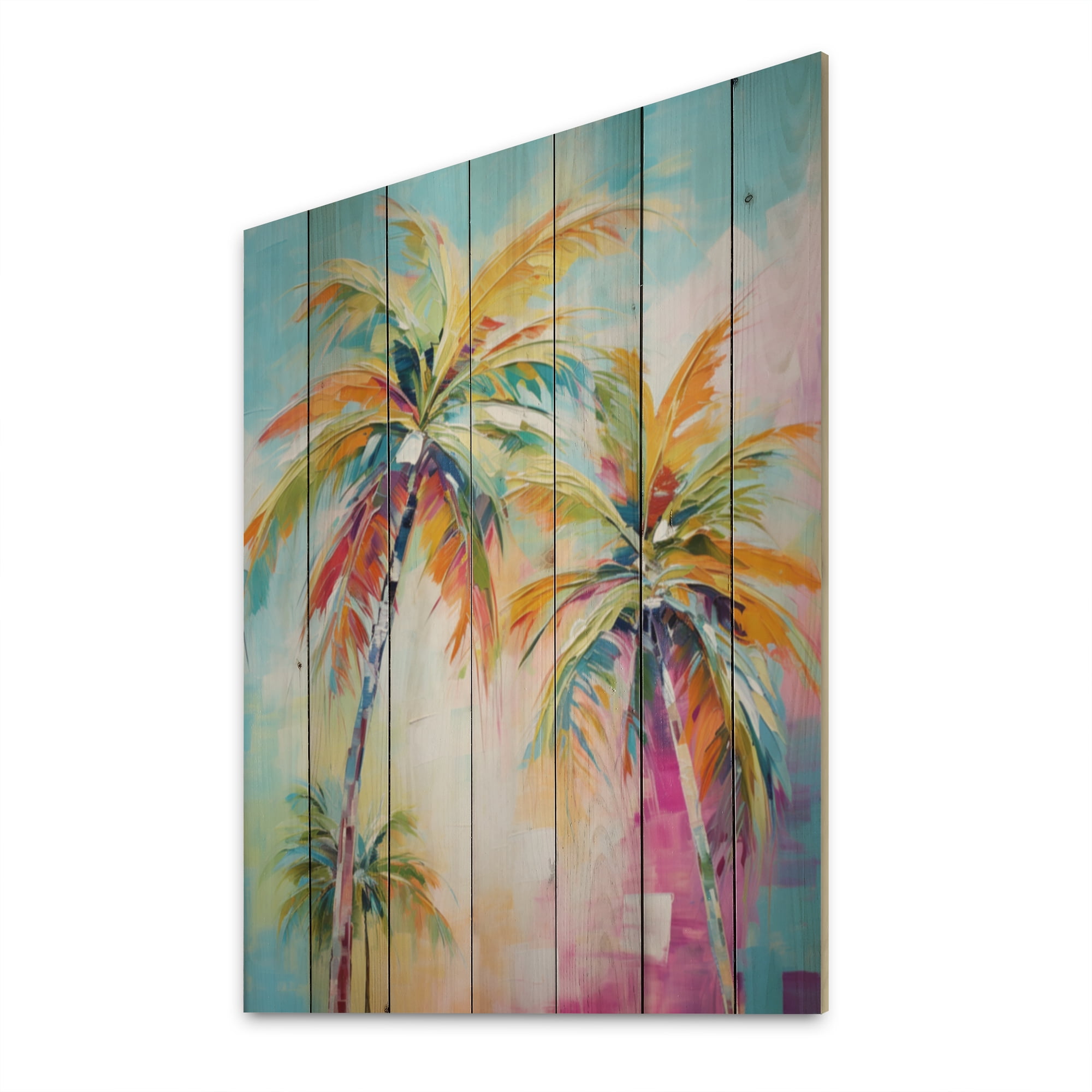 Designart "Pop Art Palm Trees III" Floral Print on Natural Pine Wood ...