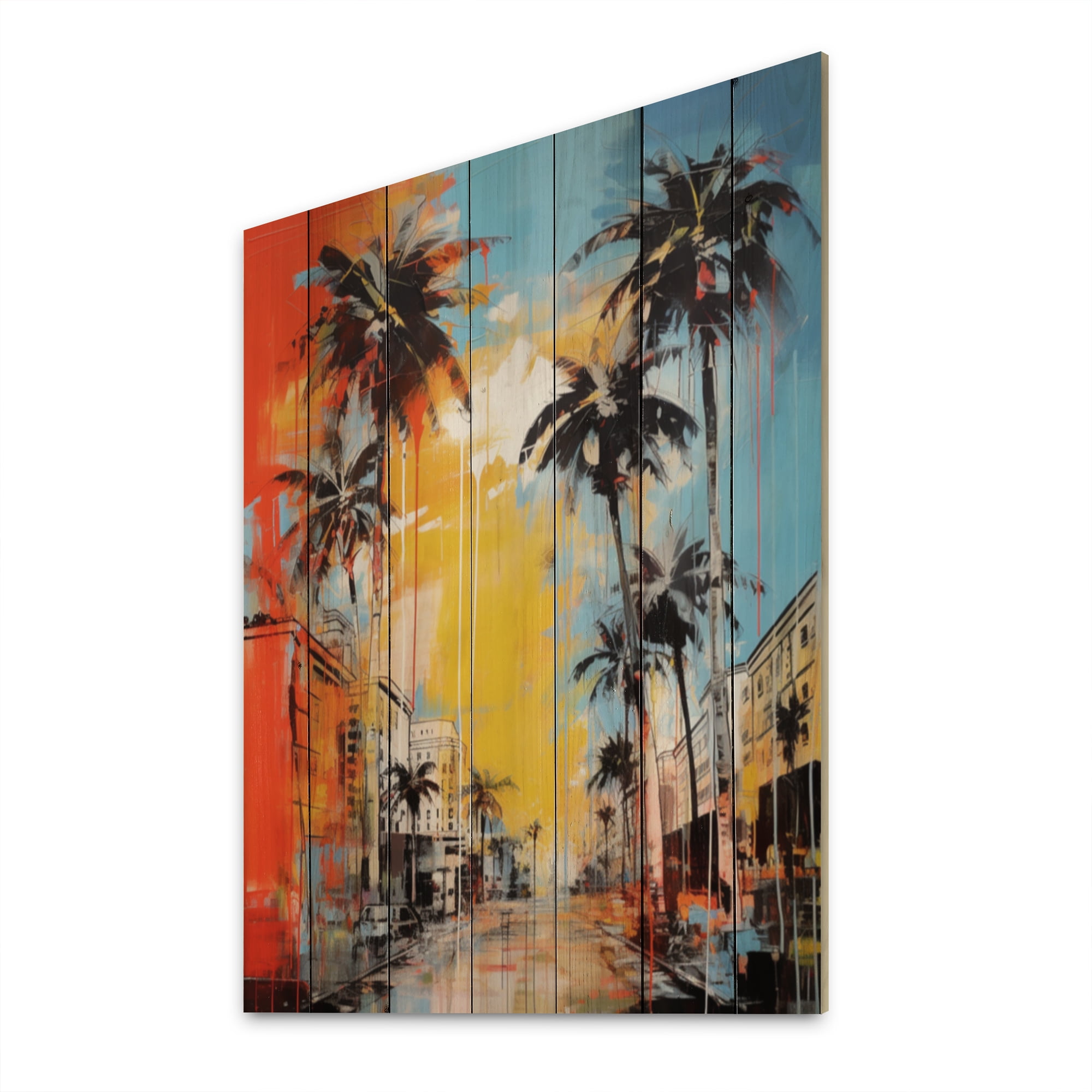 Designart "Pop Art Palm Trees IV" Floral Print on Natural Pine Wood ...