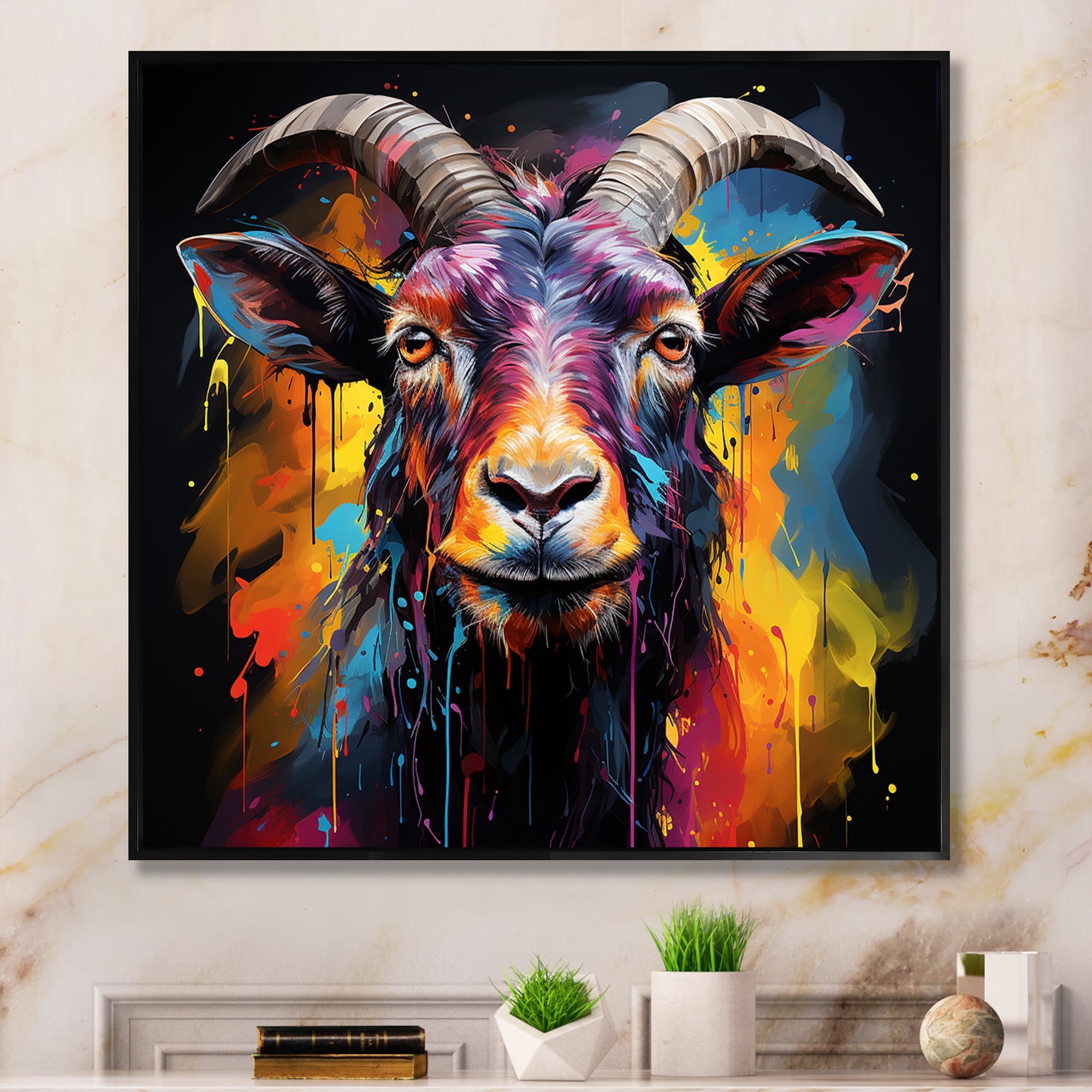 Designart "Pop Art Portrait of a Gazing Goat" Animals Framed Wall Art ...