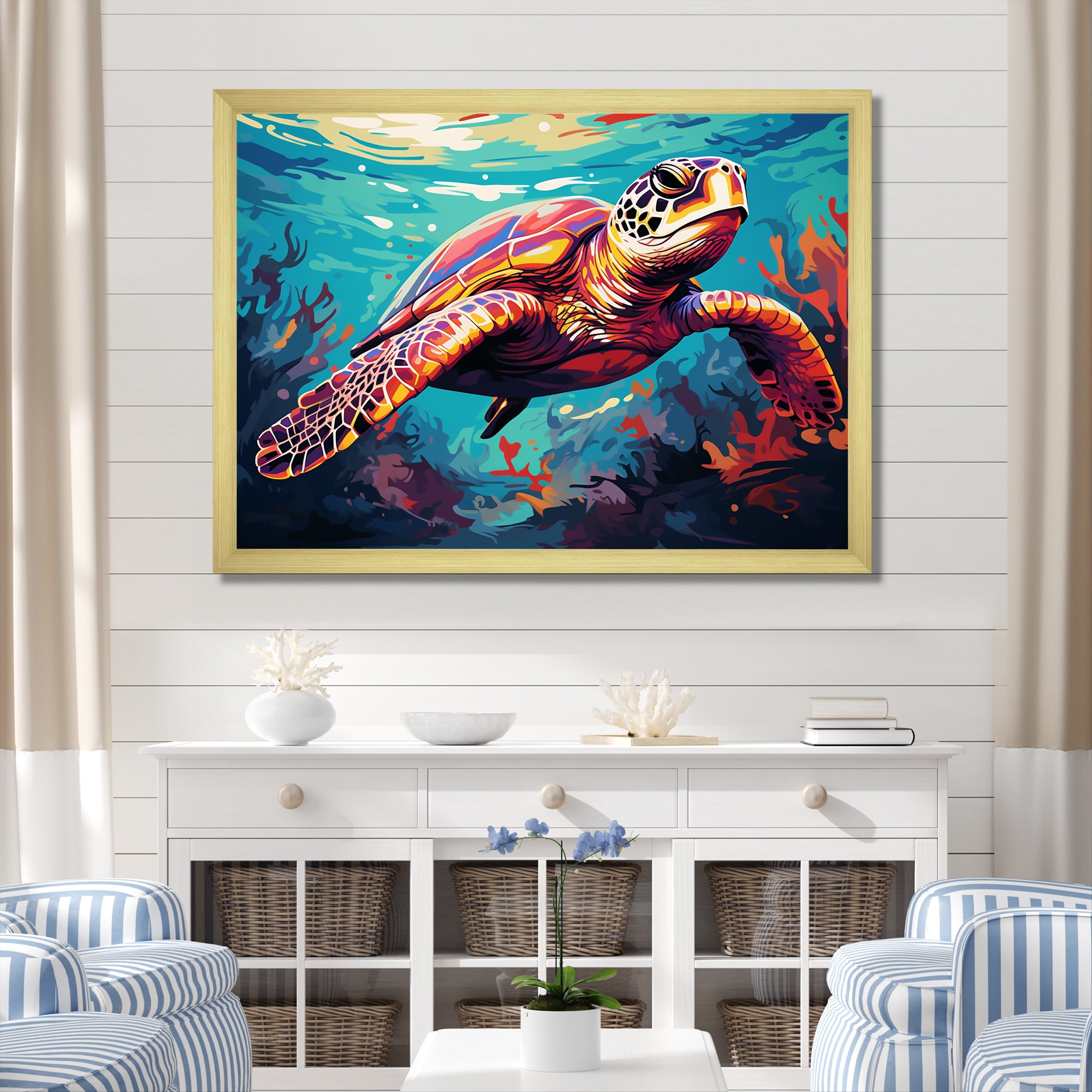 Designart "Pop Art Turtle Dance Aquatic Delight" Animals Framed Wall ...