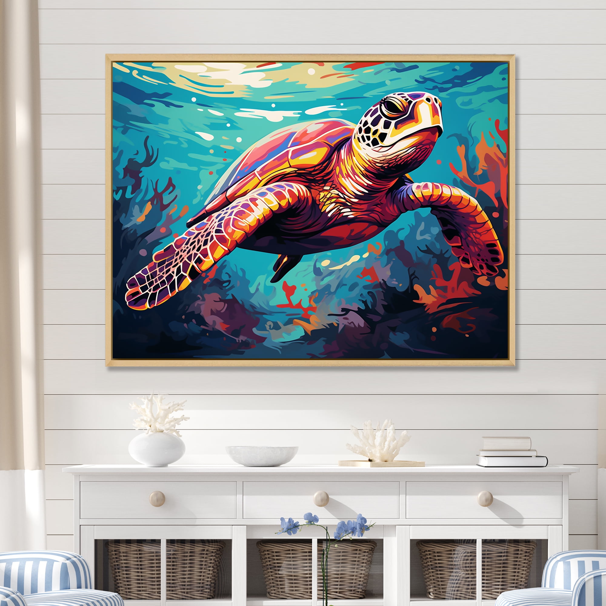 Designart "Pop Art Turtle Dance Aquatic Delight" Animals Framed Wall ...