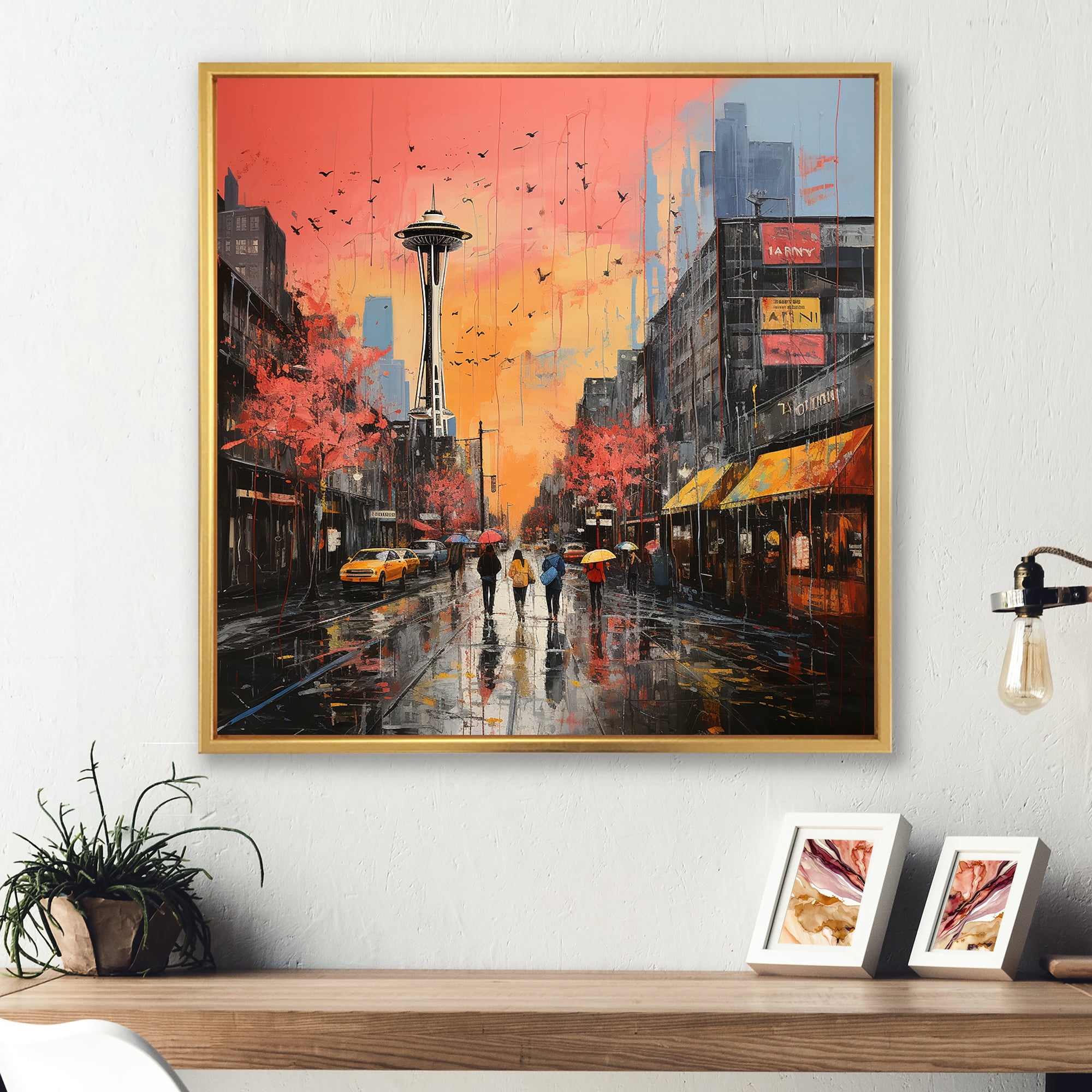 Designart "Pop Art Views of Seattle Cityscape" Cityscapes Framed Wall ...