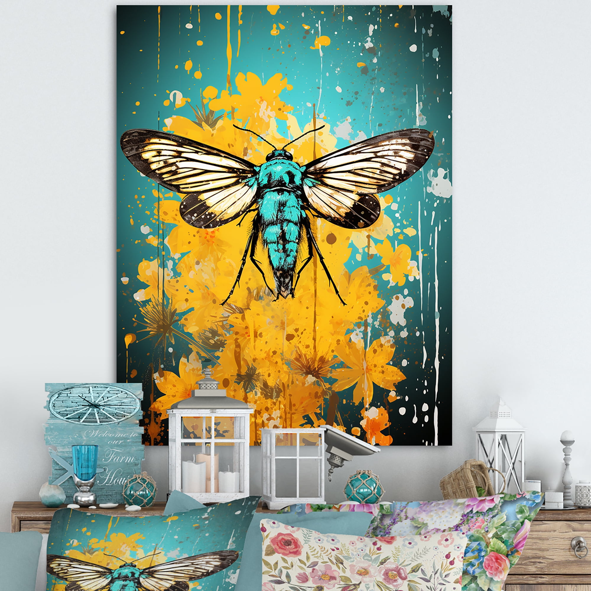 Designart "Pop Insect Art Moth in Green and Yellow I" Animals Canvas ...
