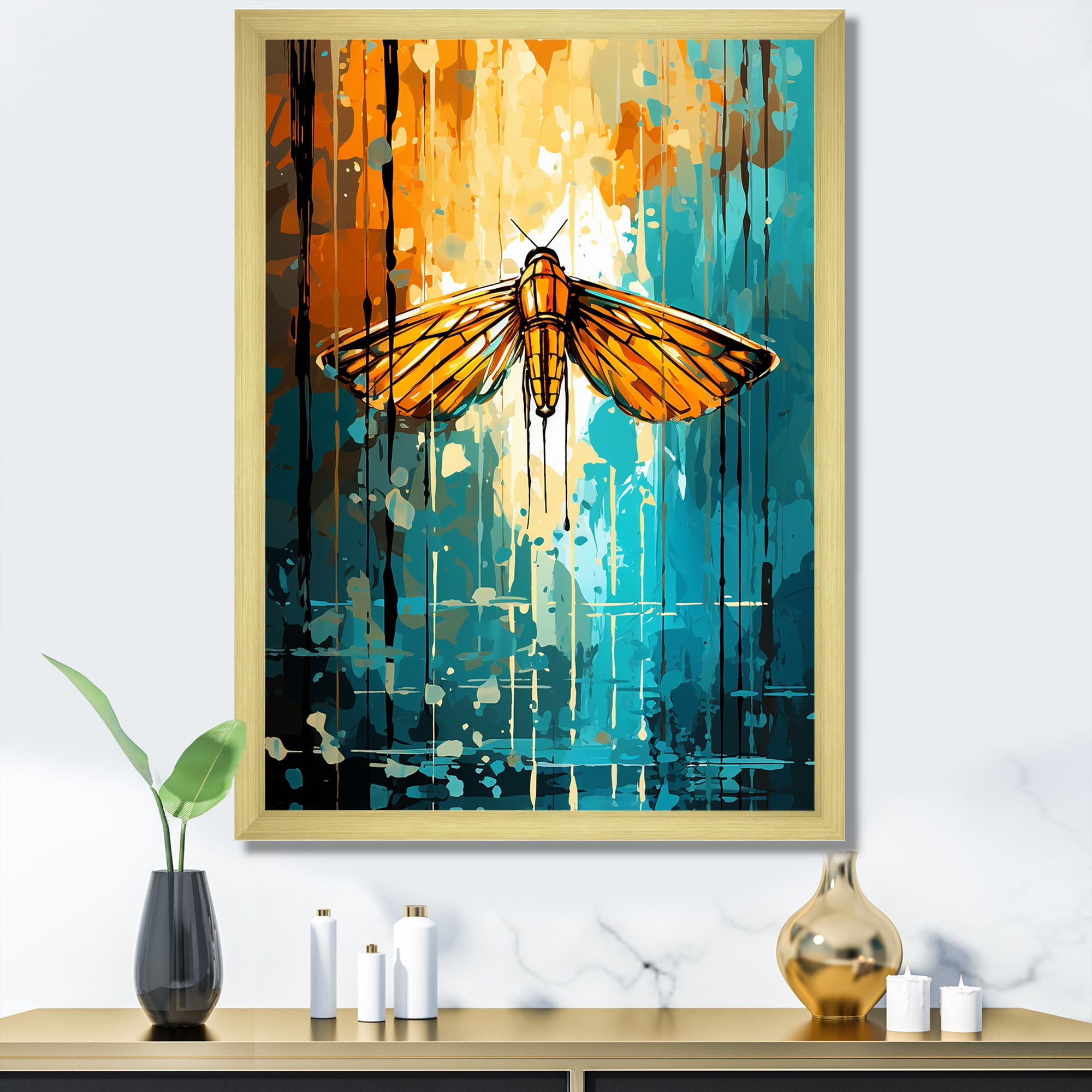 Designart "Pop Insect Art Moth in Green and Yellow II" Animals Framed ...