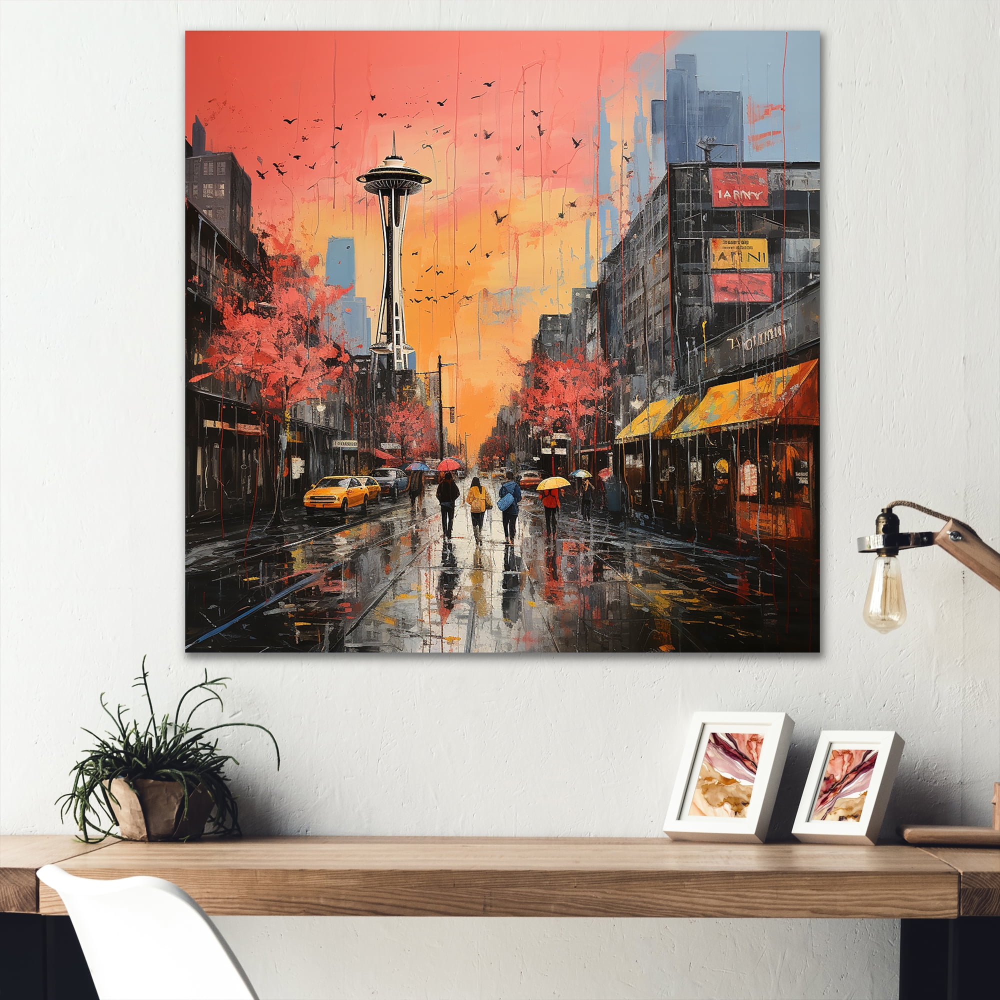 Designart "Pop art Seattle cityscape views In Orange and Grey"Seattle ...