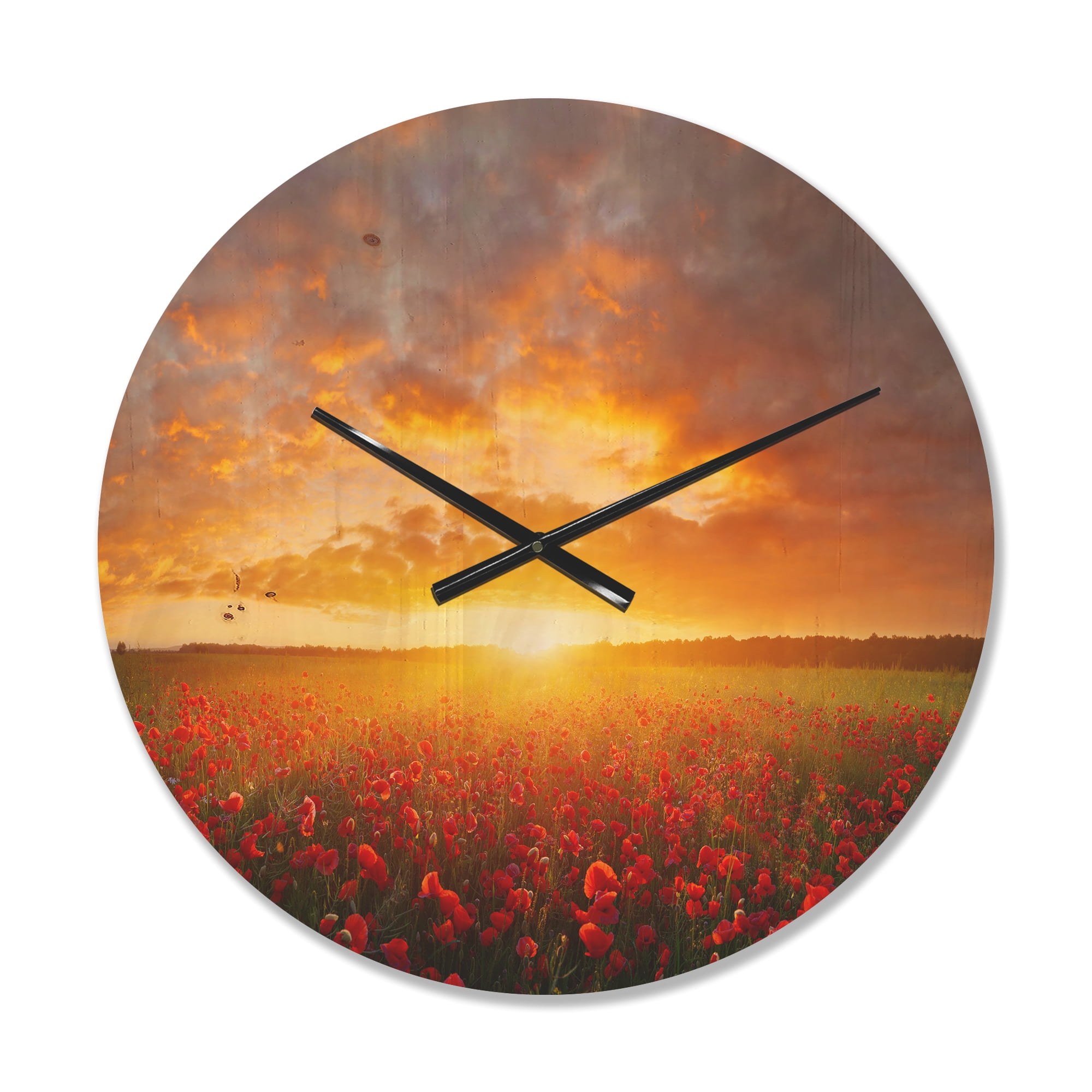 Free Shipping! Designart Modern Wood Wall Clock Poppy Field Sunset Pine ...