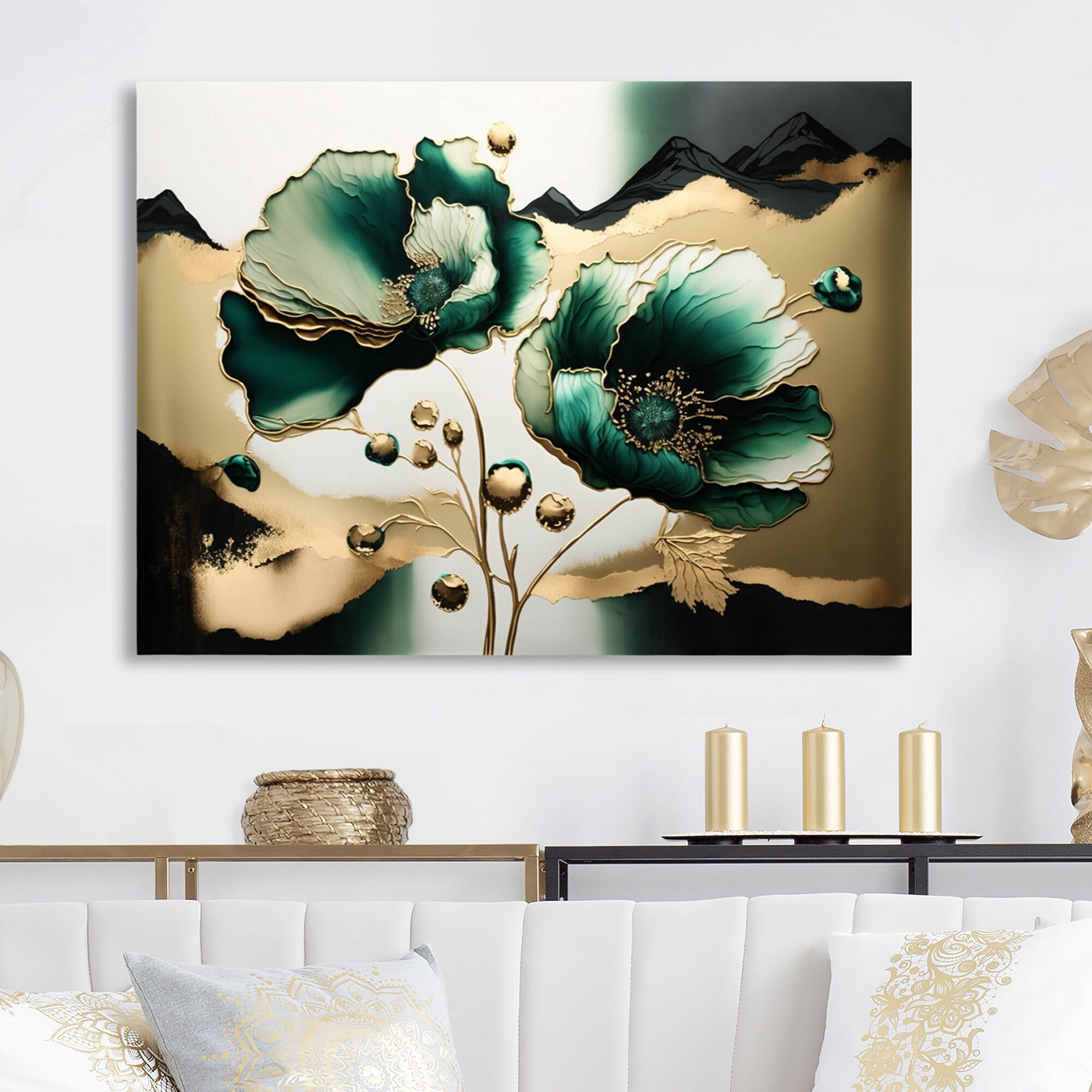 Designart "Poppy Floral Euphoria Gold and Green I" Floral Poppy Metal ...
