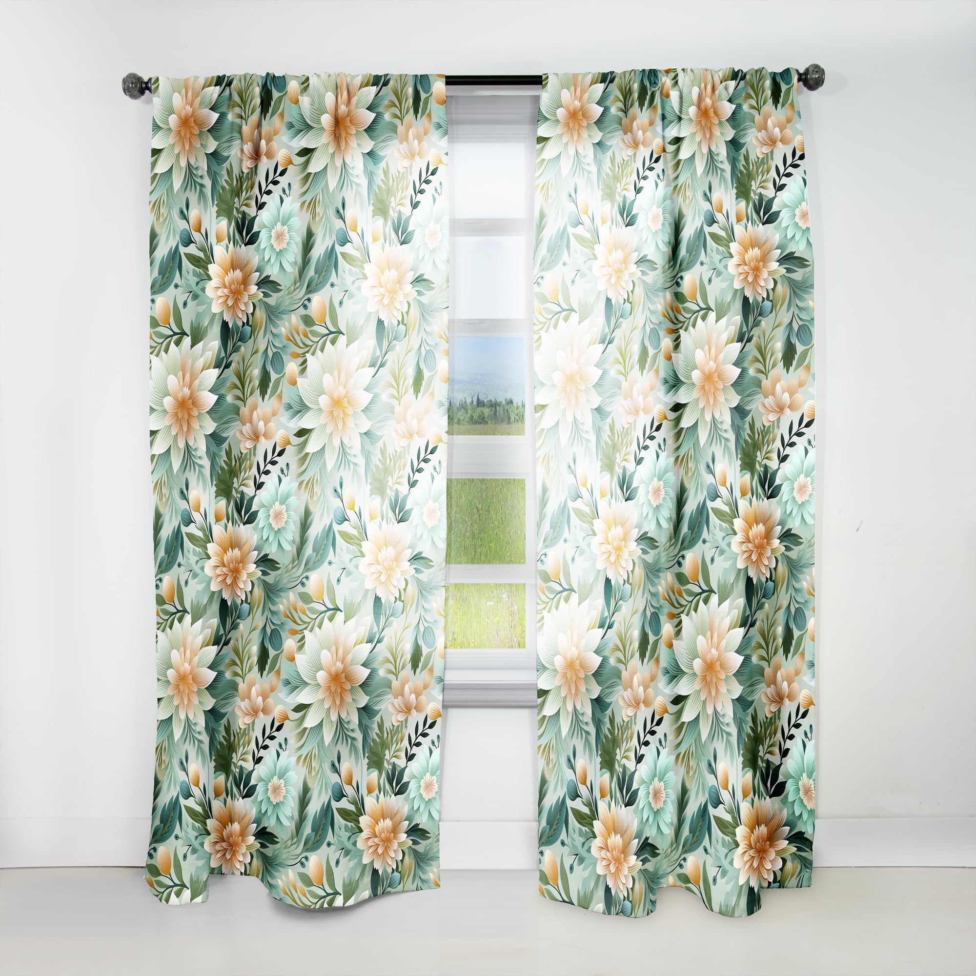 Designart "Poppy Motifs In Mint Green I" Poppies Room Darkening Curtain ...