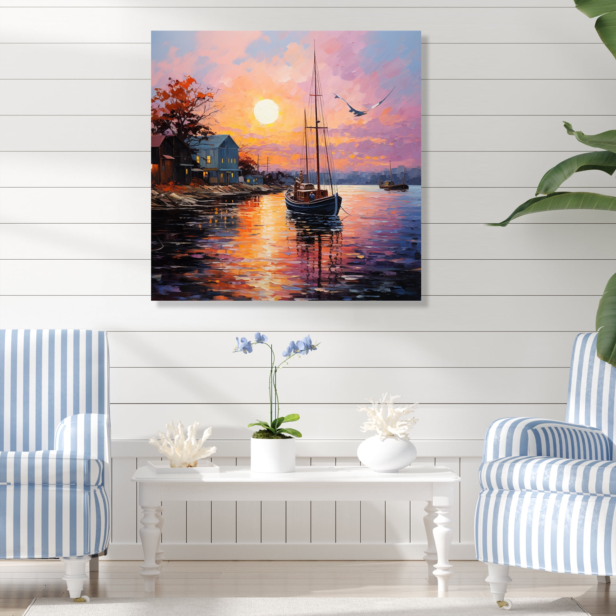 Designart "Port Portside euphony Pointillism" Port Landscape Metal Wall ...