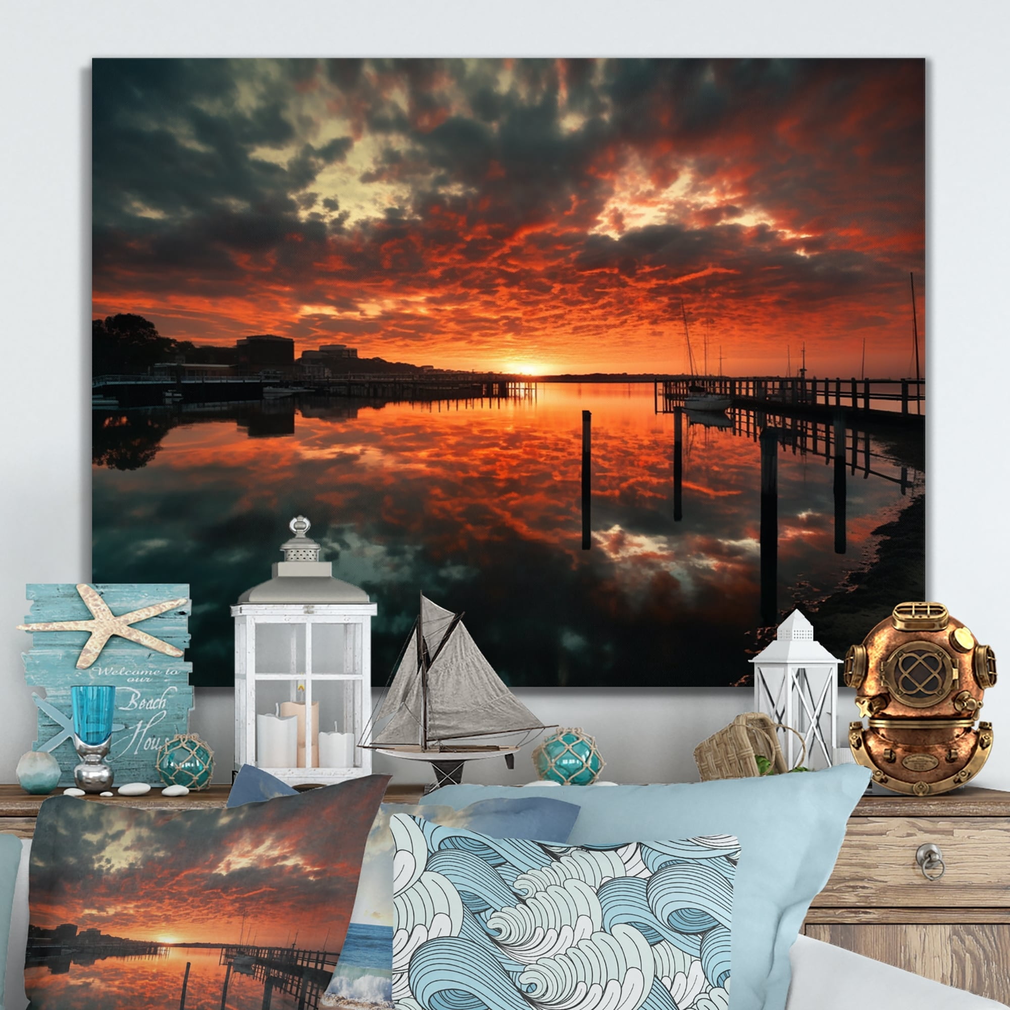 Designart "Port Sunset IV" Modern Landscape Beach Metal Wall Art ...