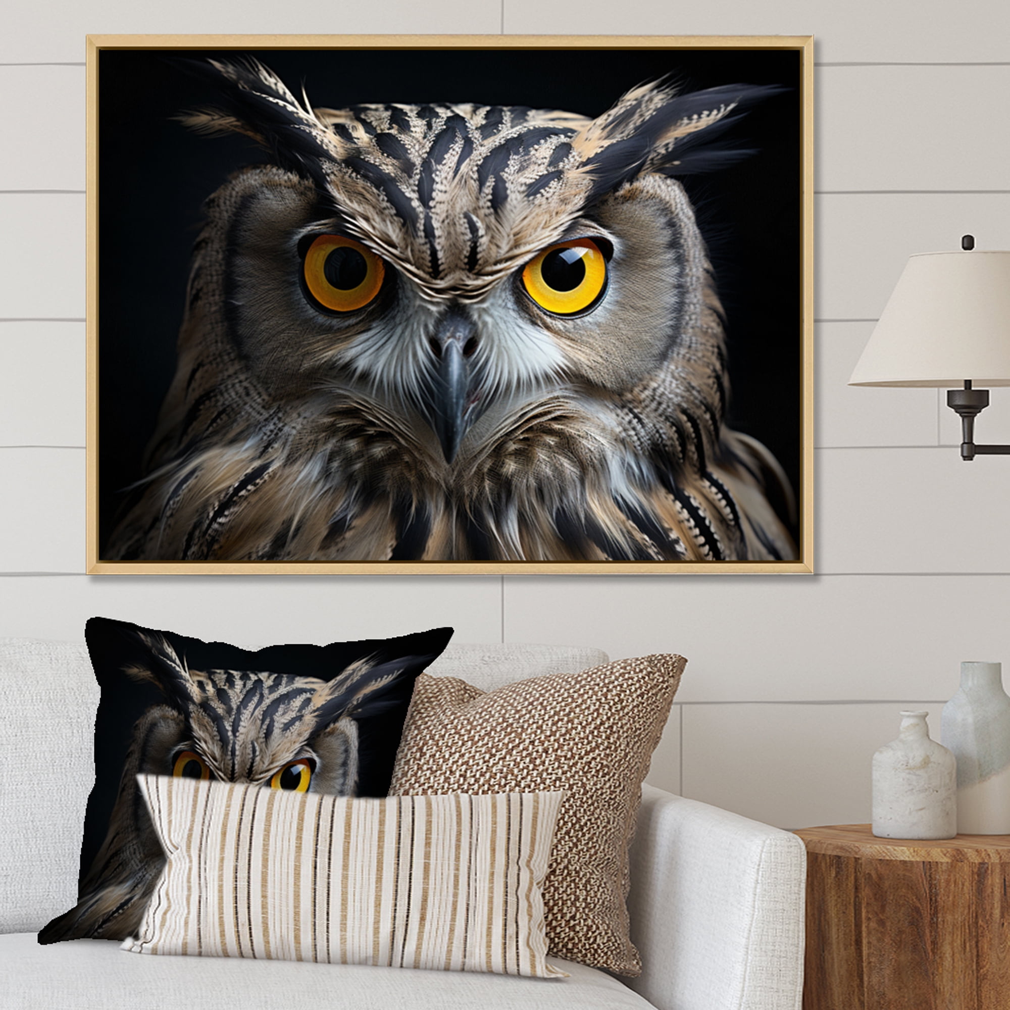 Designart "Portrait of Black and White Owl" Animals Floater Framed Wall ...