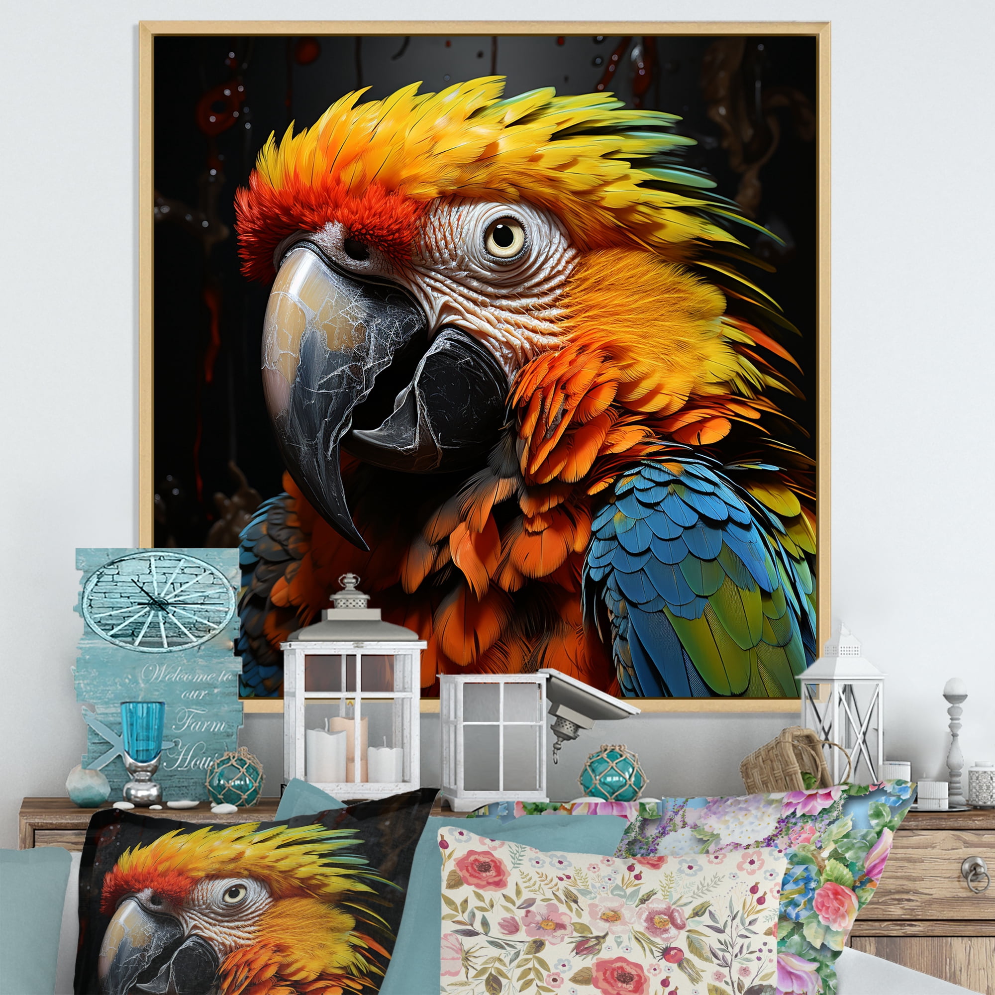 Designart "Portrait of a Parrot in Yellow and Blue" Animals Framed Wall ...