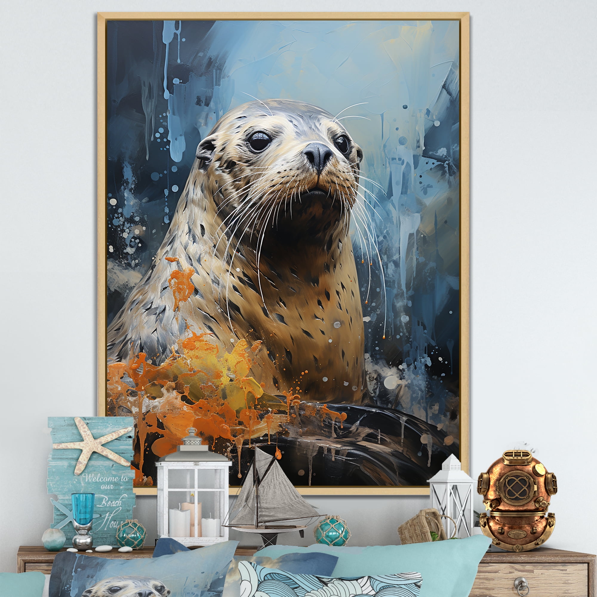 Designart "Portrait of a Seal in White and Blue II" Animals Framed Wall ...